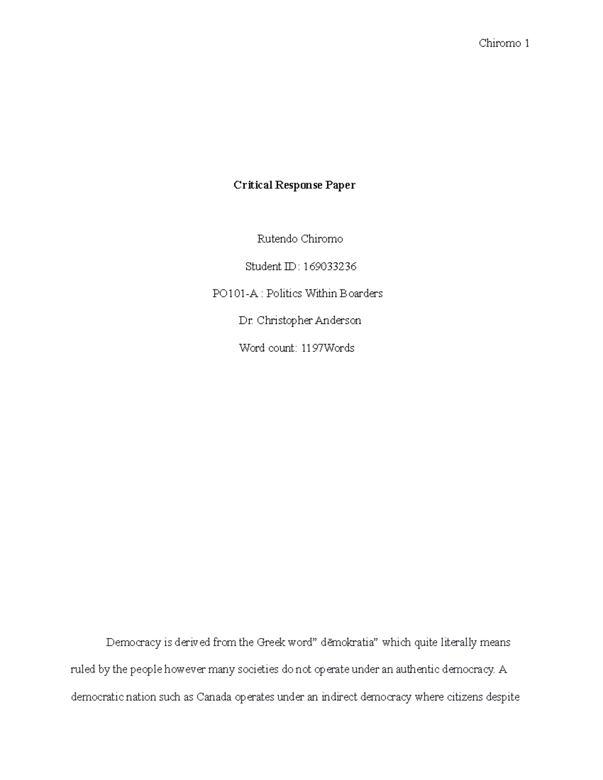 Critical Response Paper - Critical Response Paper Rutendo Chiromo ...