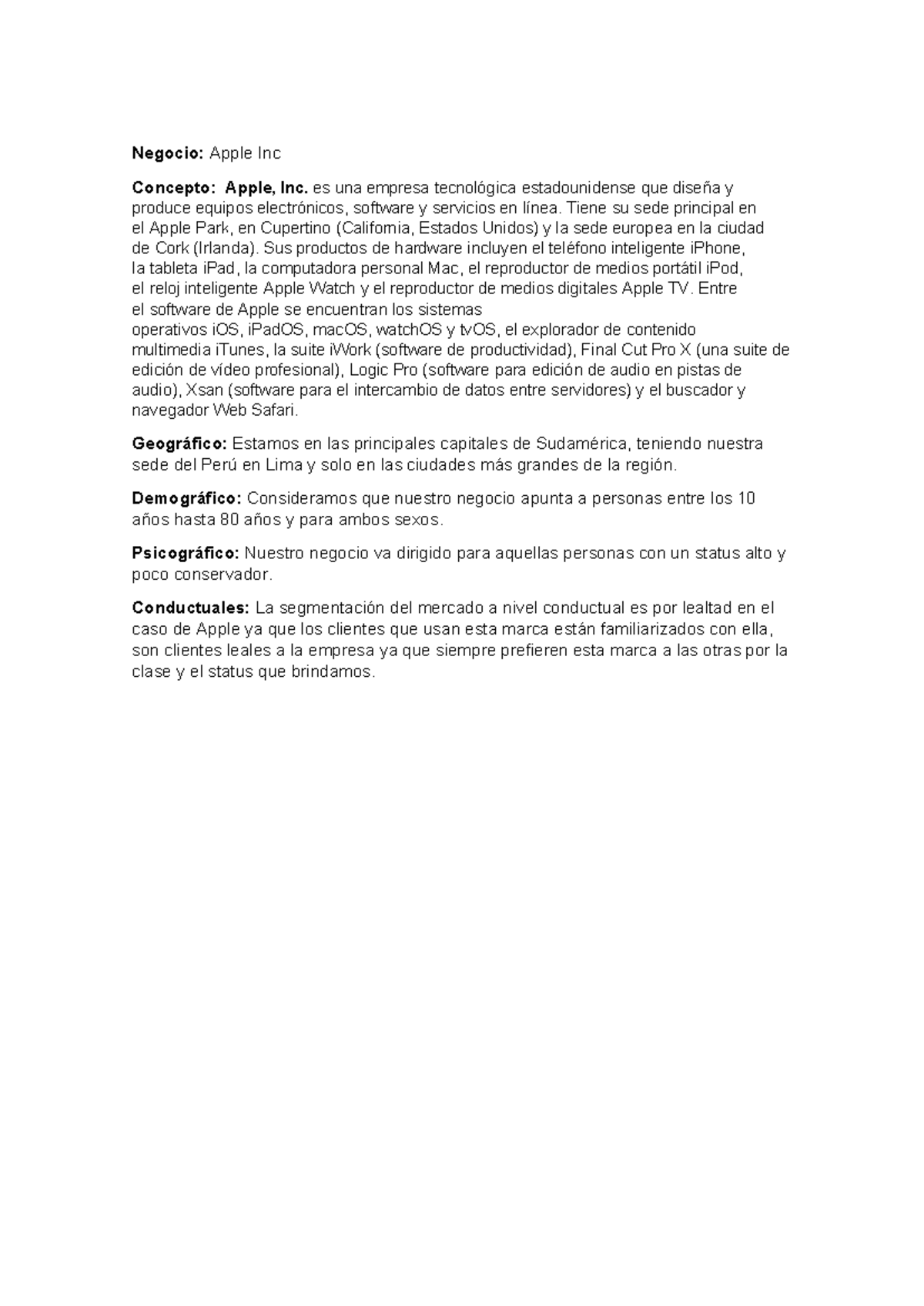 Actividad segmento de mercado - Negocio: Apple Inc Concepto: Apple, Inc ...
