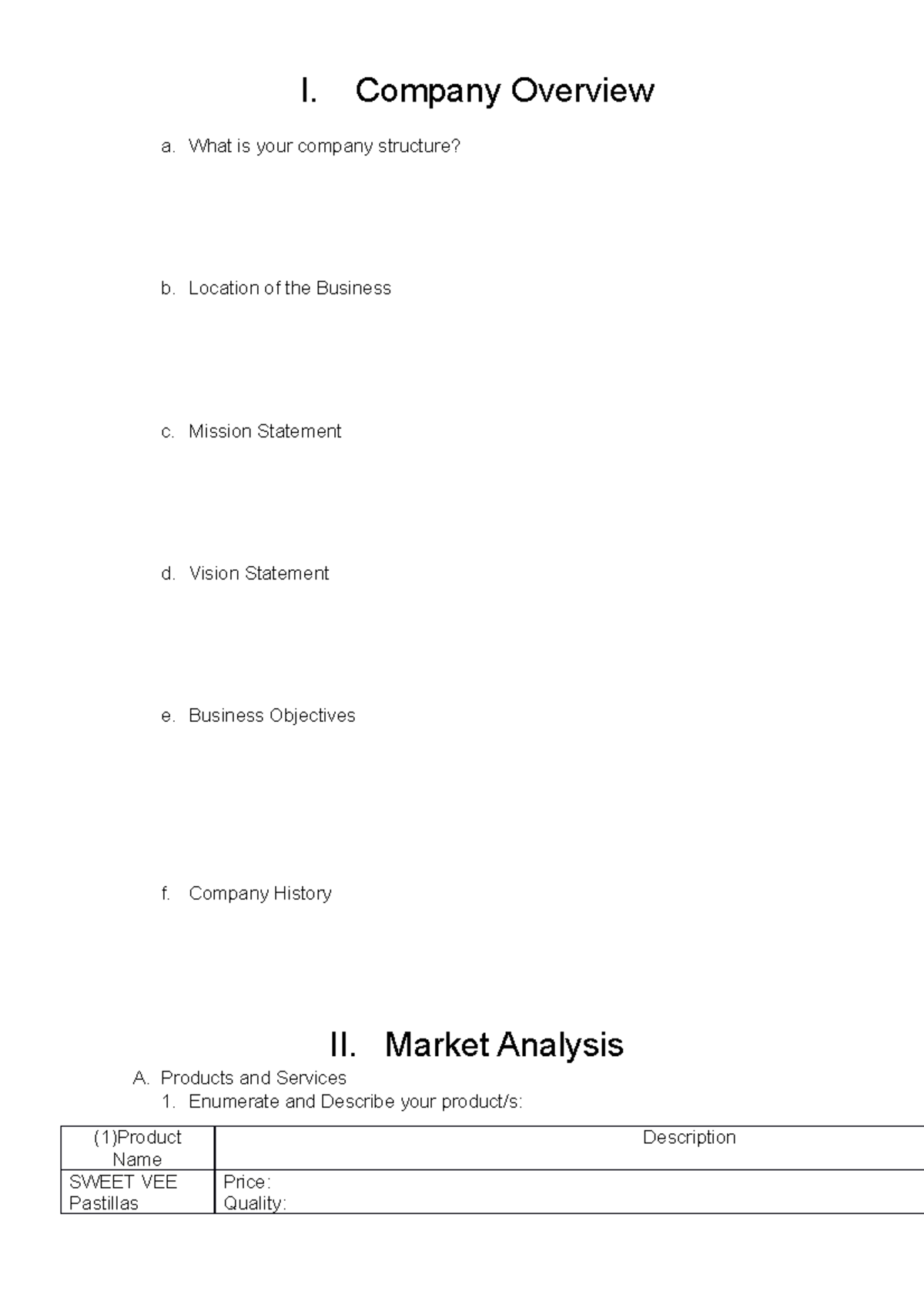 Business-PLAN- Worktemplate - I. Company Overview a. What is your ...