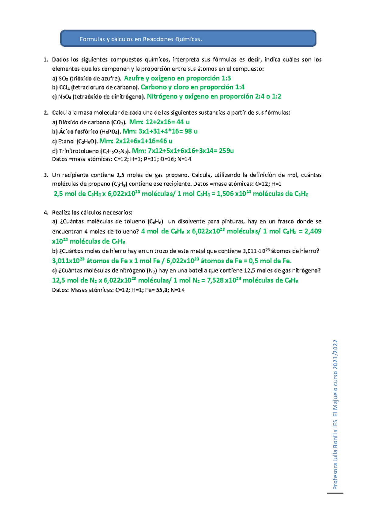 Ejercicios de moles con soluciones - Profesora Julia Bonilla IES El ...