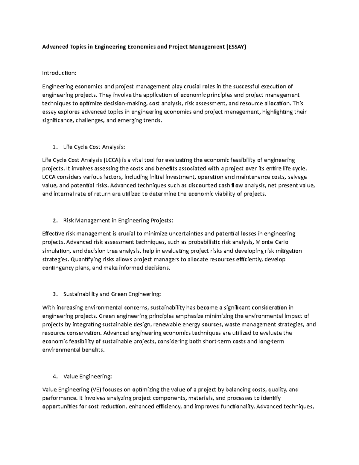 Advanced Topics in Engineering Economics and Project Management (Essay ...