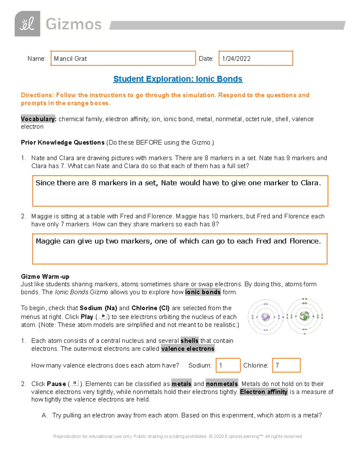 Ionic Bond Gizmo - 8977604 - Name: Mancil Grat Date: 1/24/ Student ...
