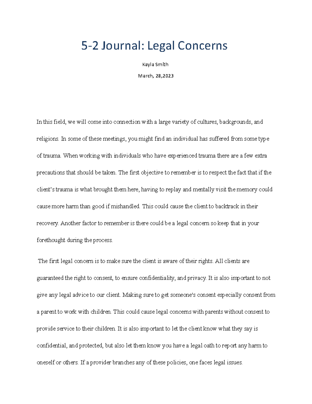 HSE-315 5-2 Journal Legal Concerns - 5-2 Journal: Legal Concerns Kayla ...