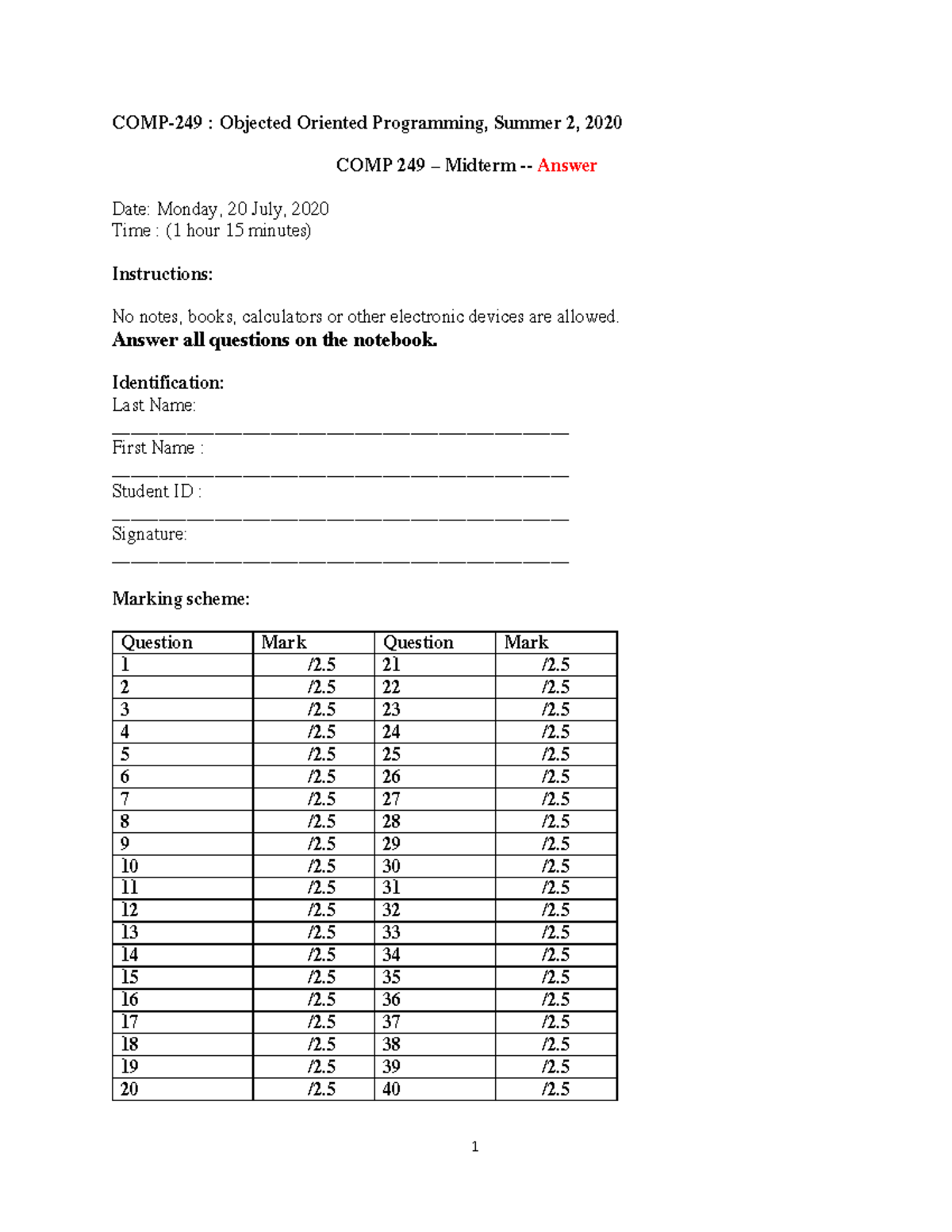 Comp 249 Midterm Summer 2020 answer - COMP-249 : Objected Oriented Programming, Summer 2, 2020 ...