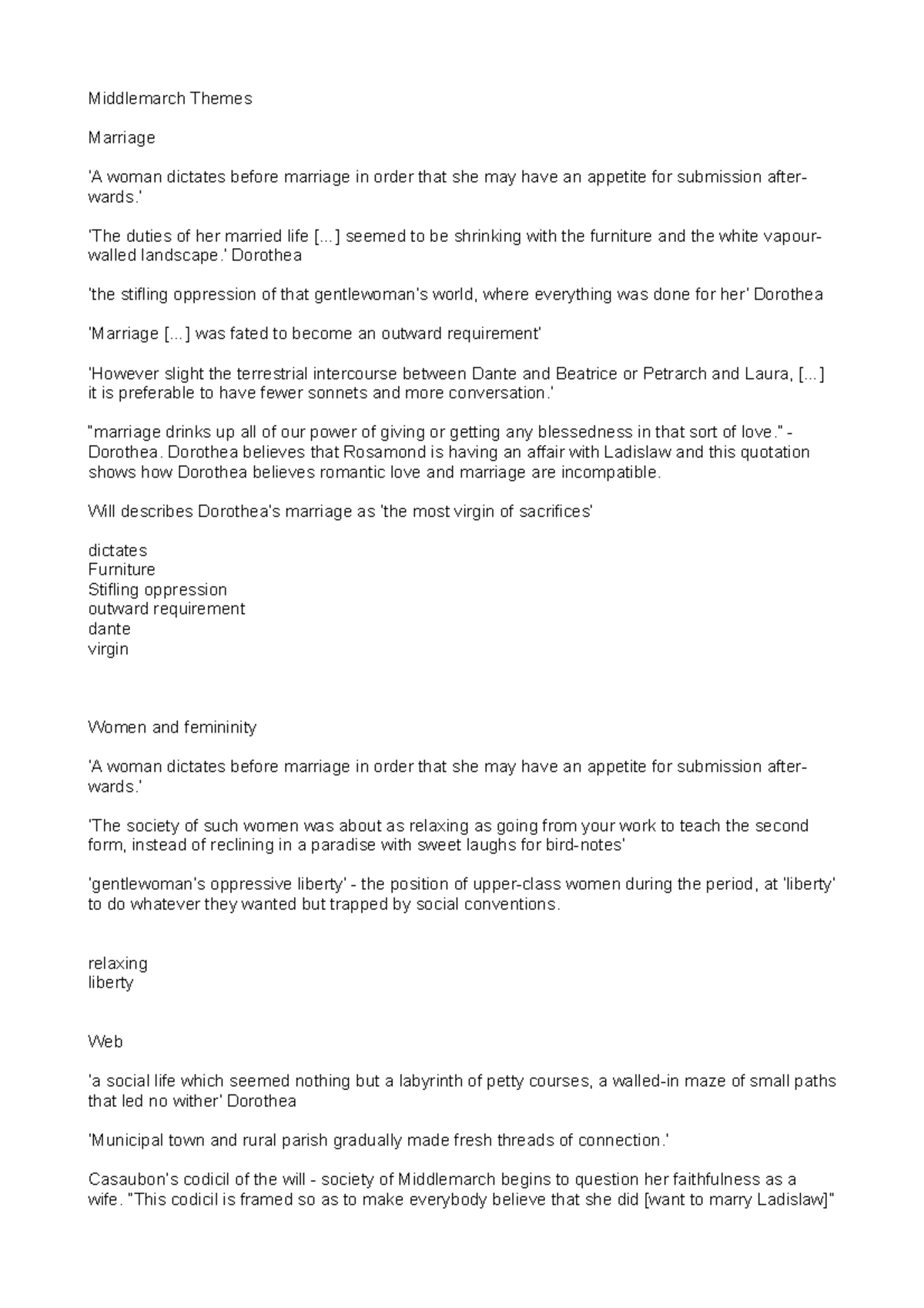 Middlemarch Quotations Word - Middlemarch Themes Marriage ‘A woman ...