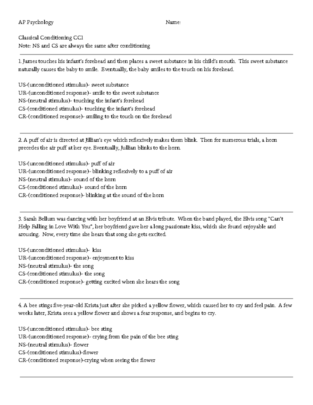 Classical Conditioning CC1 - AP Psychology Name: Classical Conditioning ...
