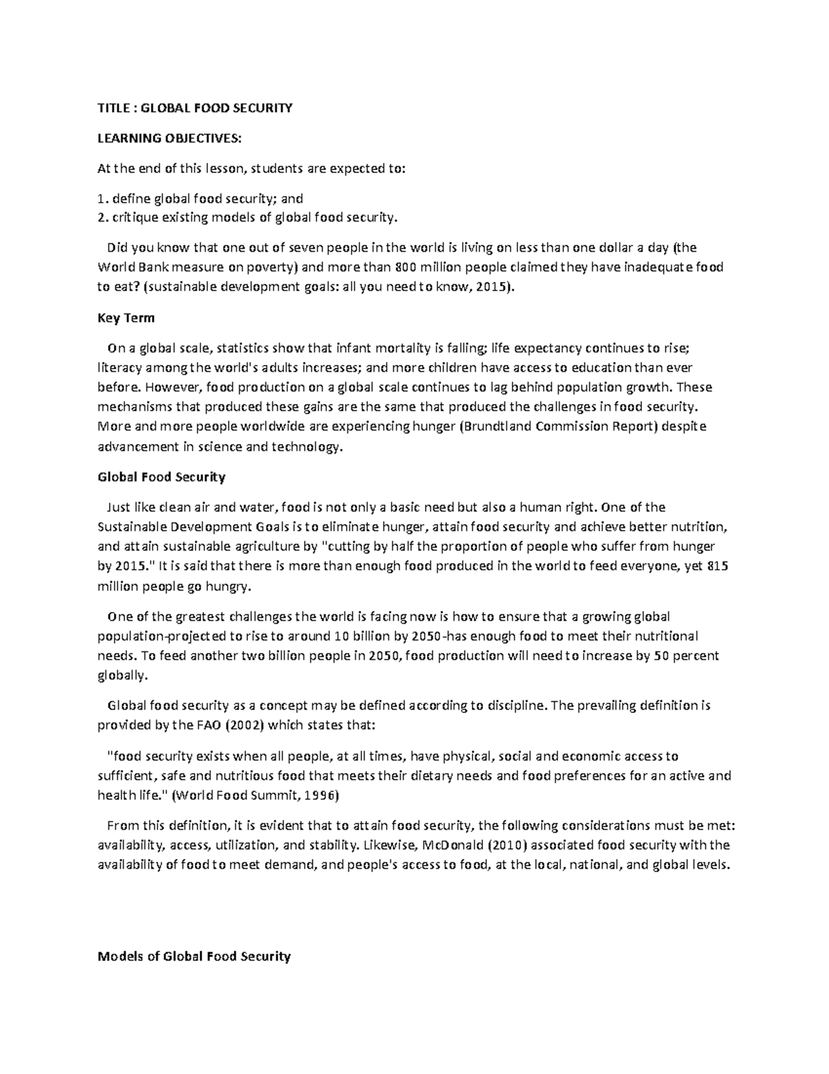 Global FOOD Security - TITLE : GLOBAL FOOD SECURITY LEARNING OBJECTIVES ...