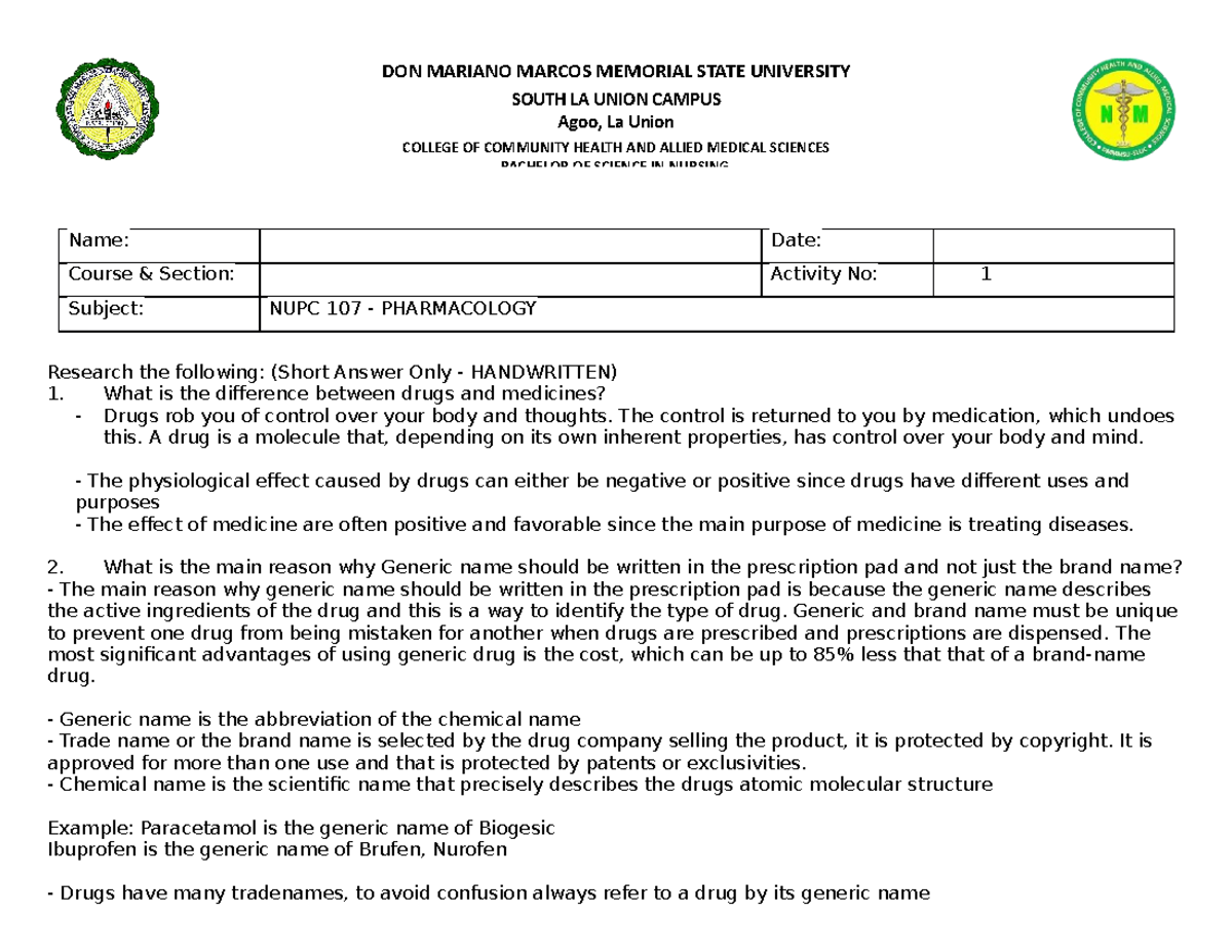 Activity 1 - These are my assignments on Pharmacology. It also ...