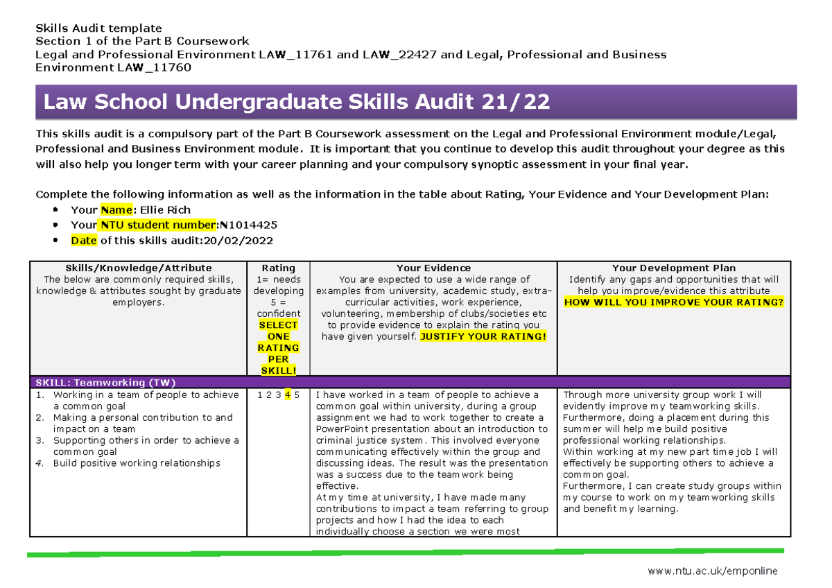 Skills Audit template 21-22 - Section 1 of the Part B Coursework Legal ...