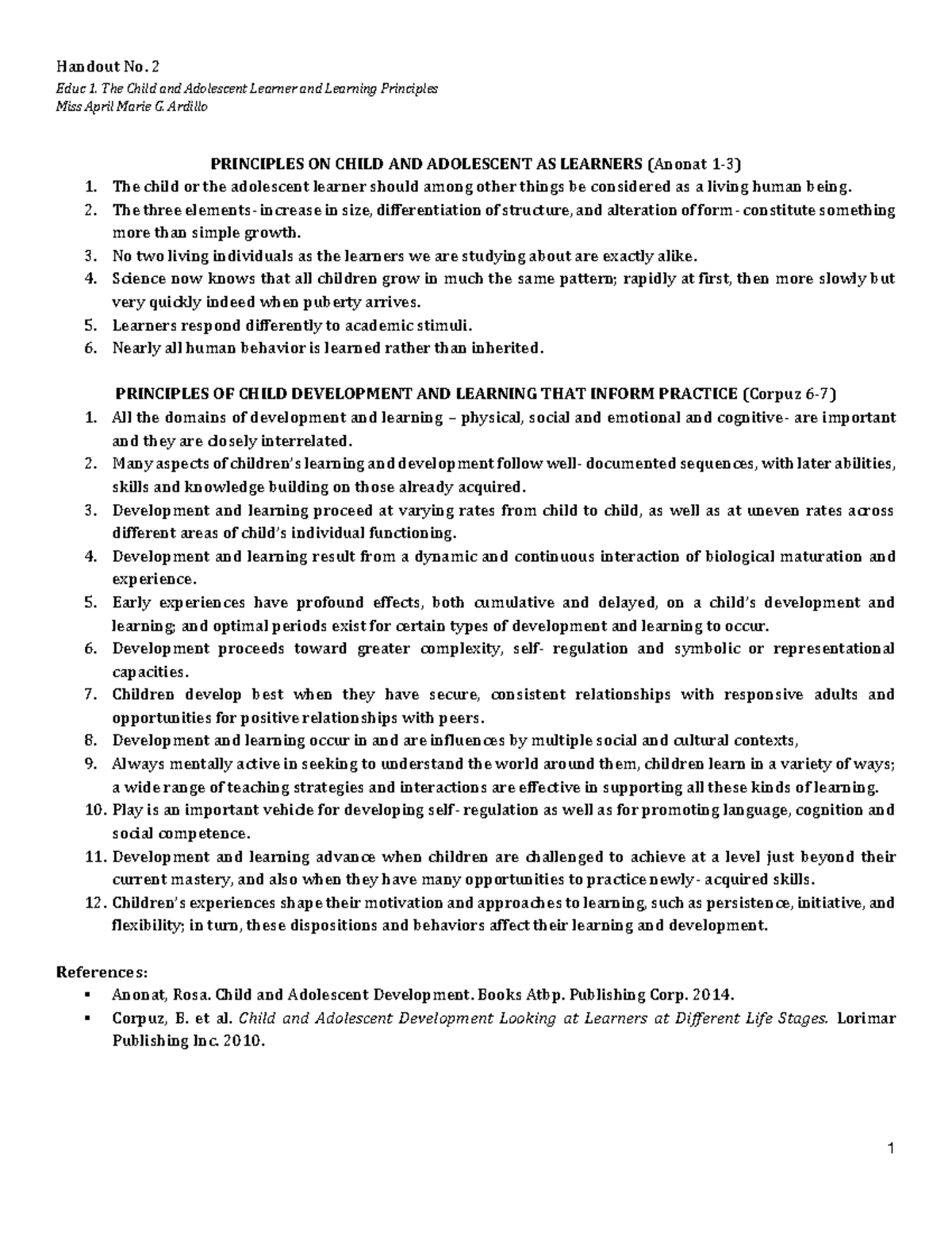 2 - GOODLUCK! - 1 Handout No. 2 Educ 1. The Child and Adolescent ...