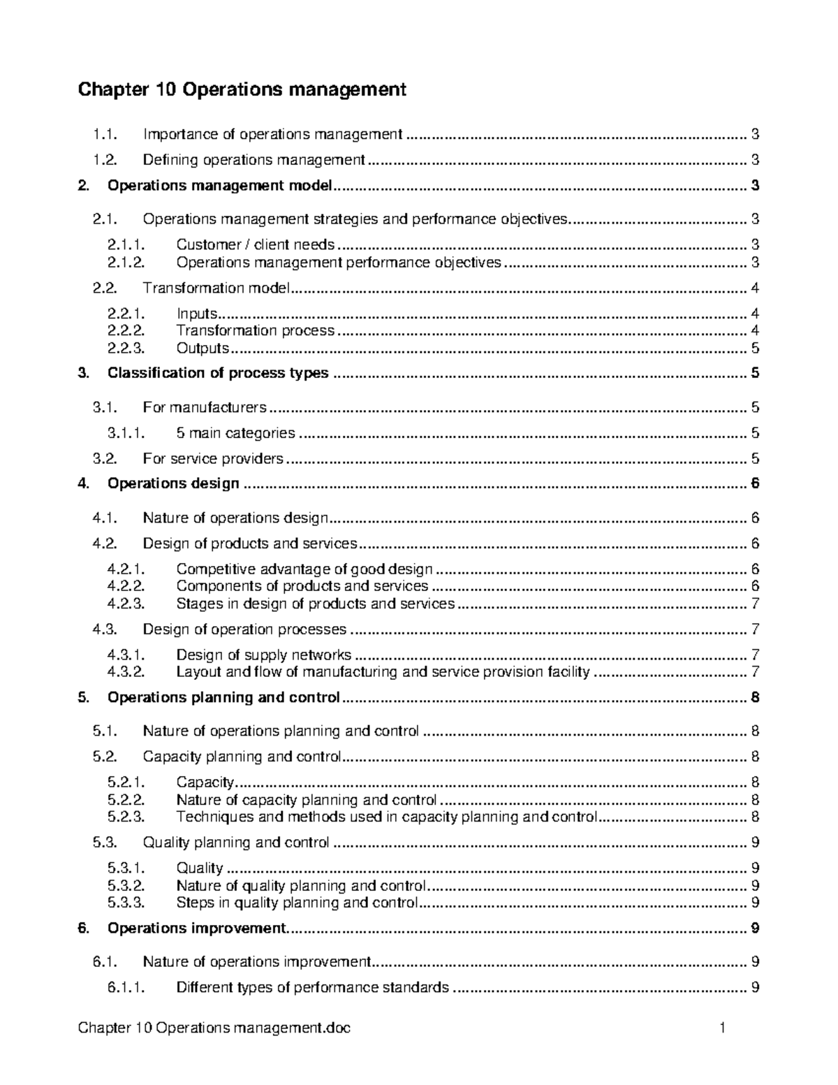 MINI Notes-Chapter 9 Operations management - Chapter 10 Operations ...