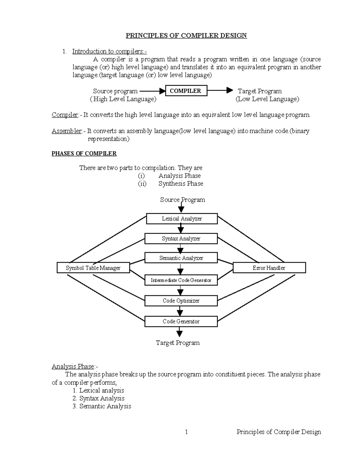 Pdfcoffee - Must - PRINCIPLES OF COMPILER DESIGN 1. Introduction to ...