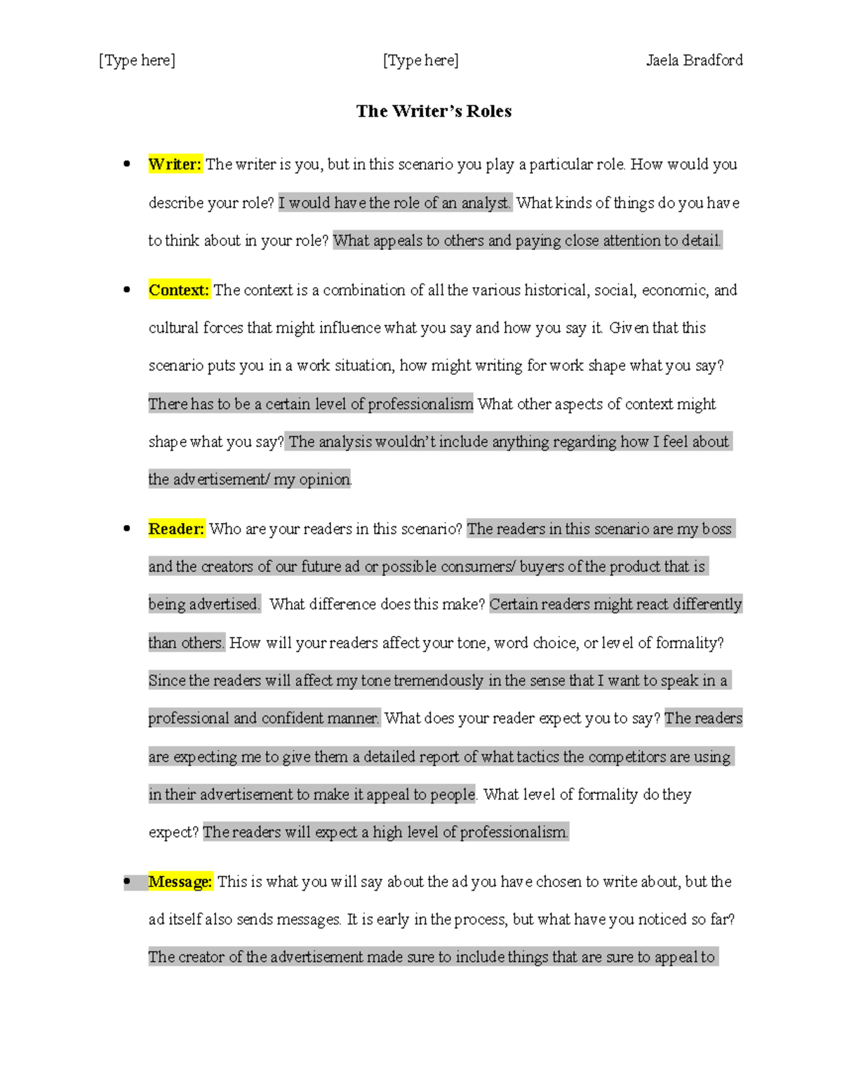 The Writer's Role - [Type here] [Type here] Jaela Bradford The Writer’s ...