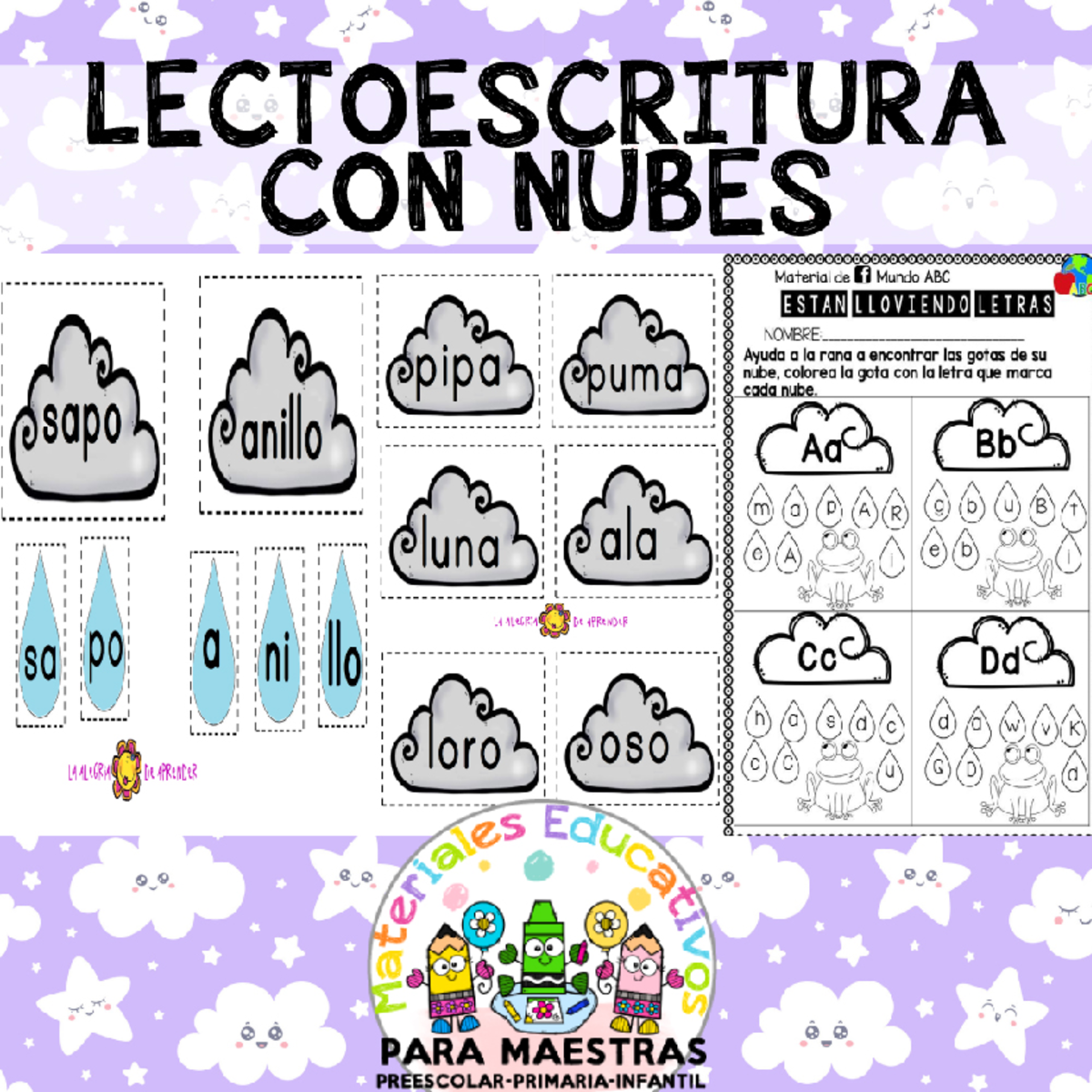 Lectoescritura con nubes recopilado por Materiales Educativos Maestras ...