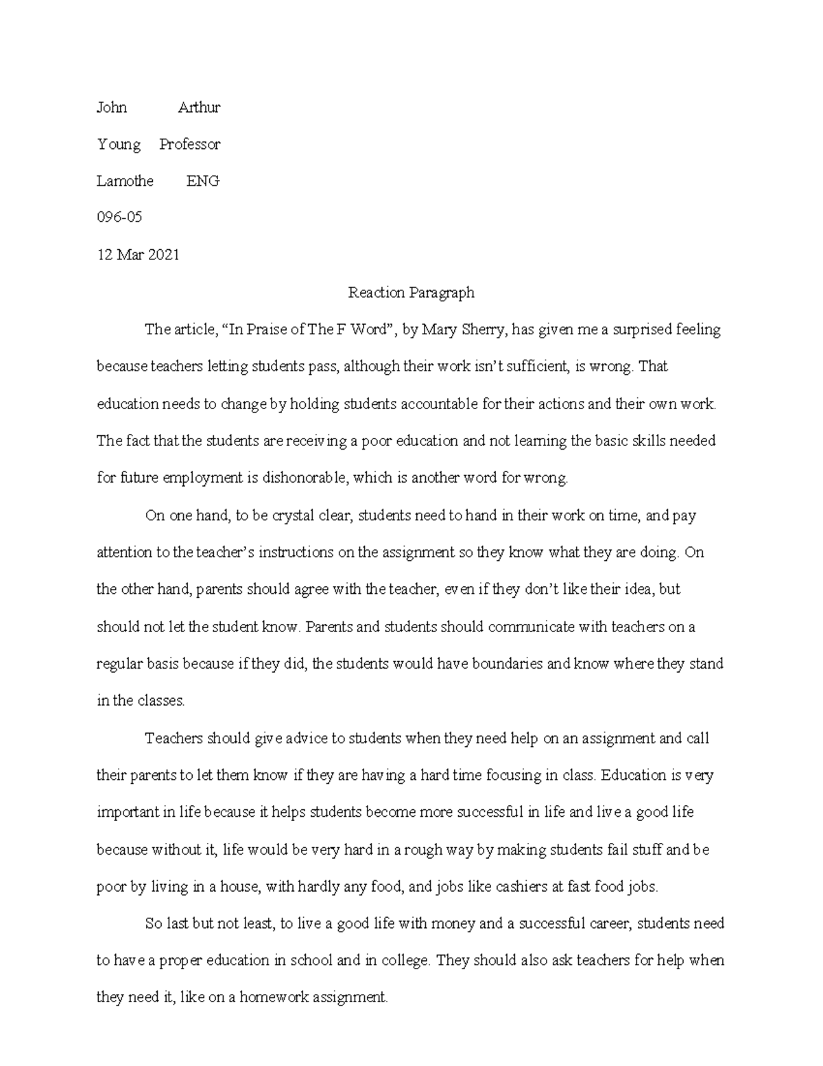 Reaction Paragraph for Mary Sherry Article - John Arthur Young ...