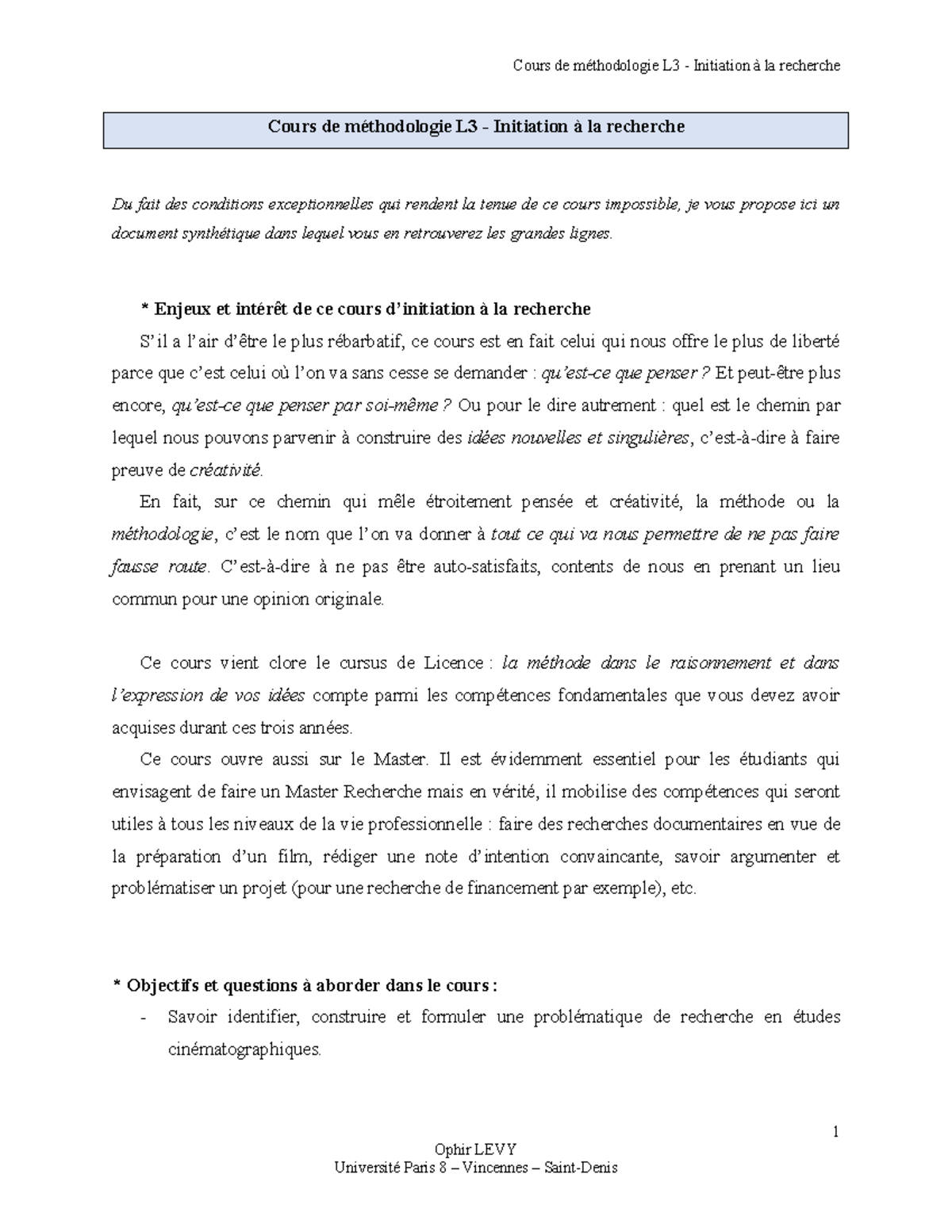 Méthodologie L3 (cours 1) - Warning: TT: undefined function: 32 1 Ophir ...