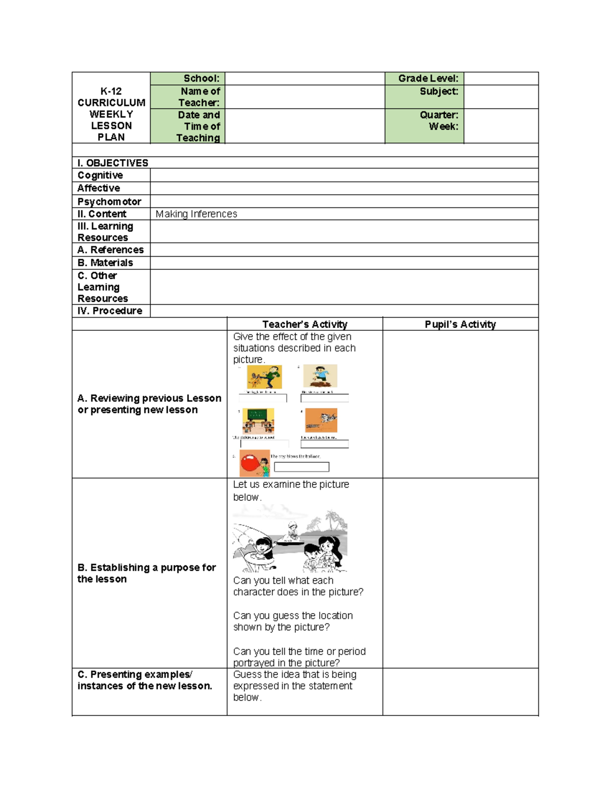 Lesson PLAN- Template - Hope can help - K- CURRICULUM WEEKLY LESSON ...