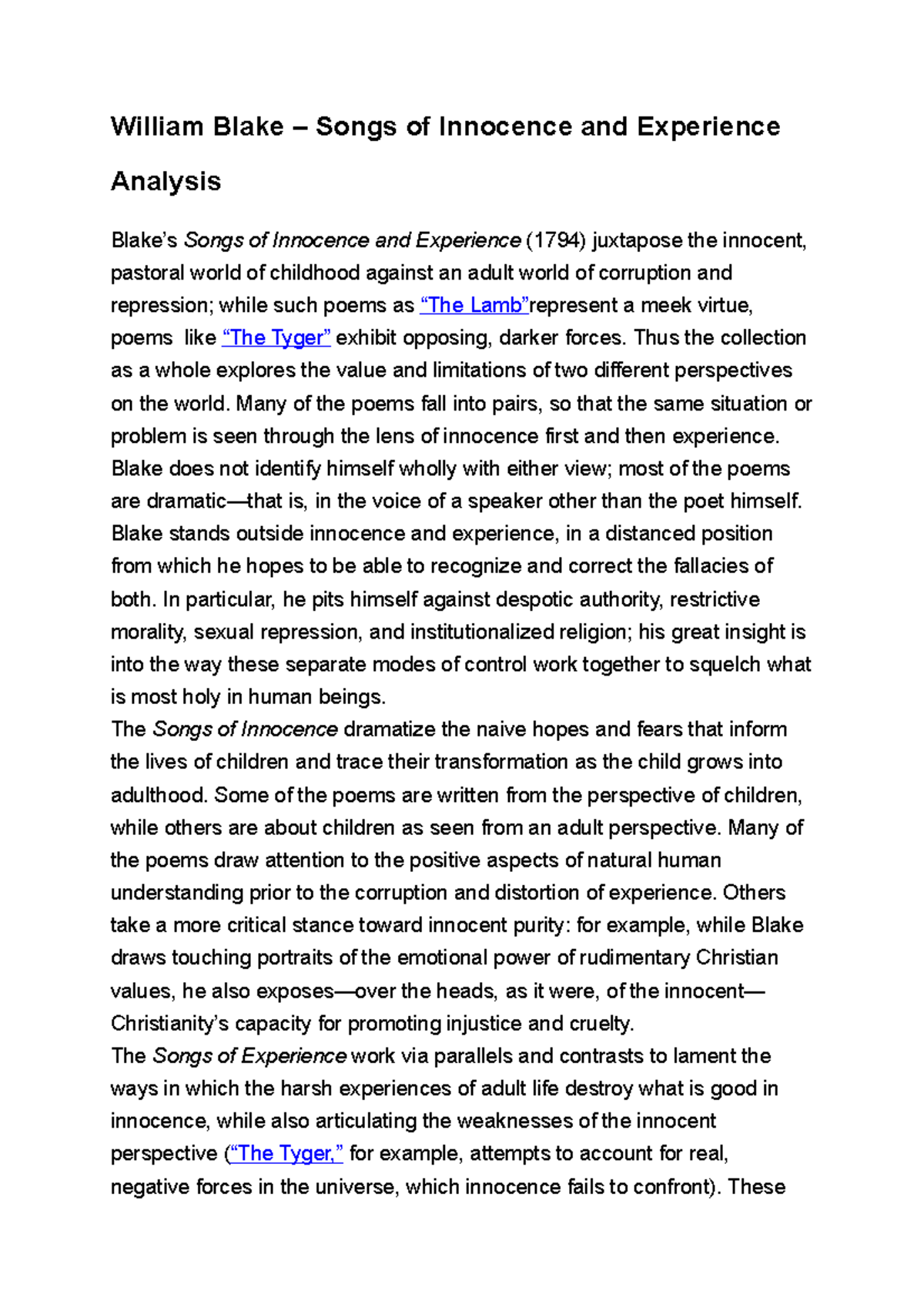 William Blake - Songs of Innocence and Experience - Short analysis ...