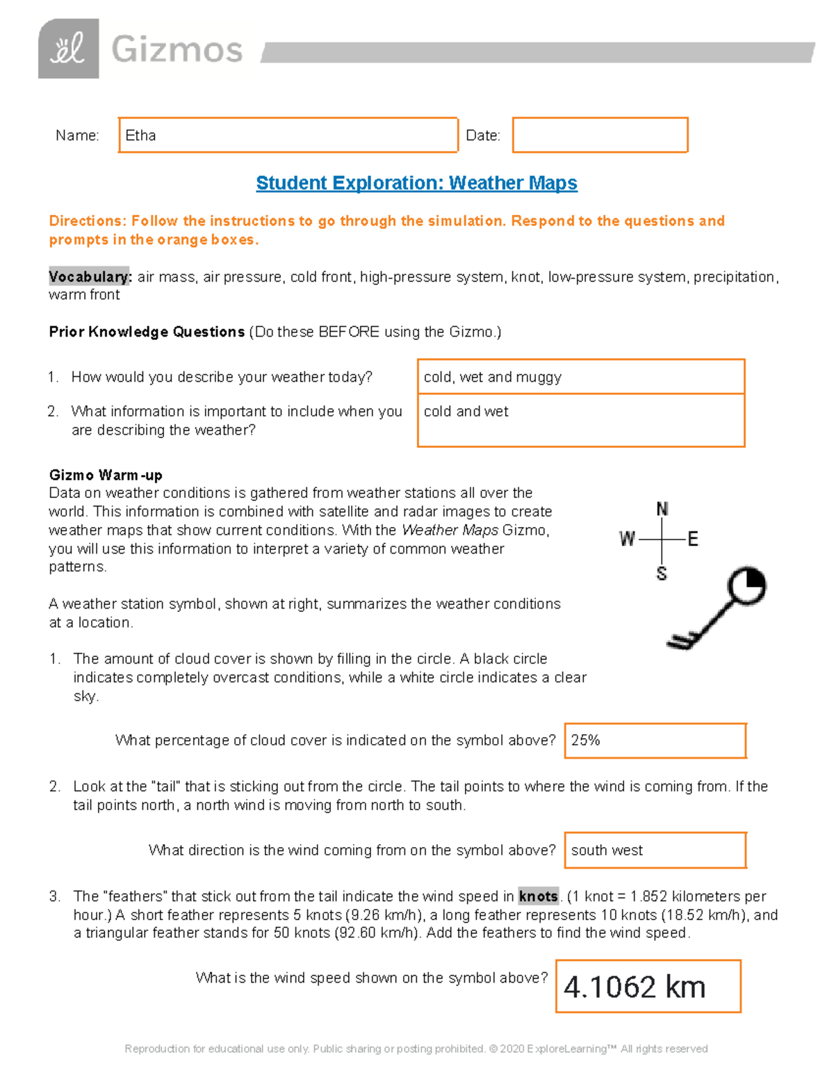 Copy of Weather Maps Metric SE - Name: Etha Date: Student Exploration ...