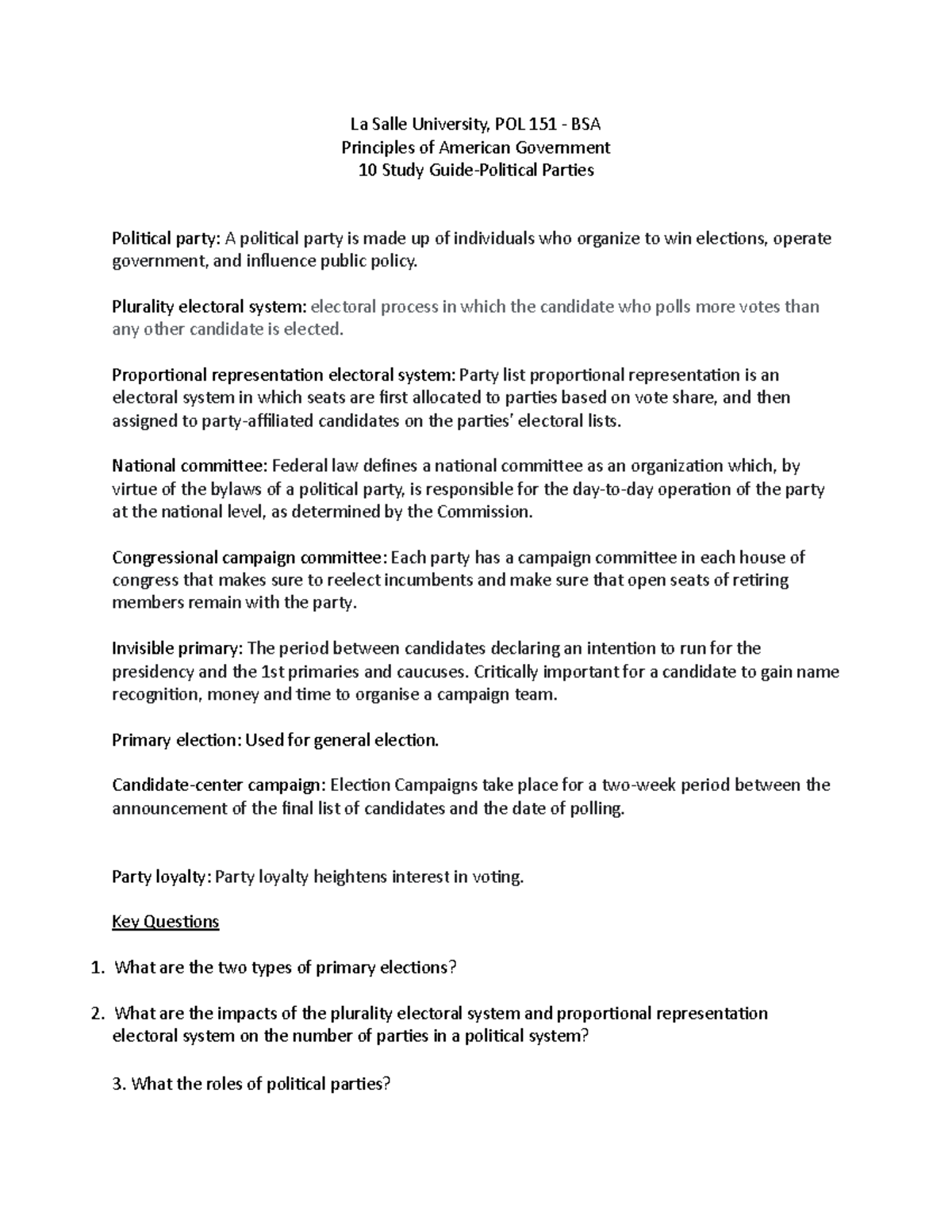 10 Study Guide-Political Parties - La Salle University, POL 151 - BSA ...