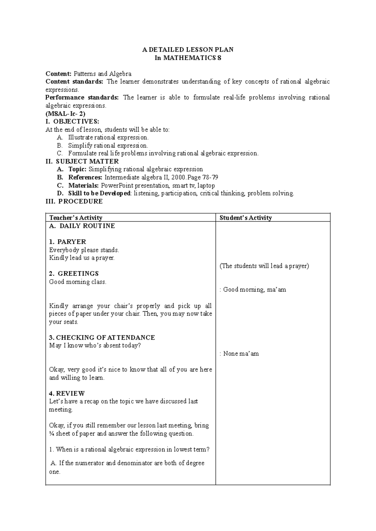 Demo dlp grade 8 - A DETAILED LESSON PLAN In MATHEMATICS 8 Content ...