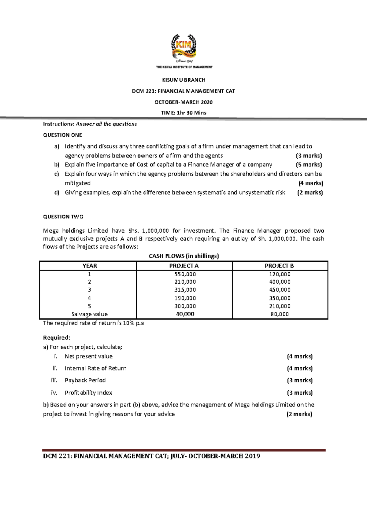 DCM 221 CAT October- March 2020 - KISUMU BRANCH DCM 221: FINANCIAL ...