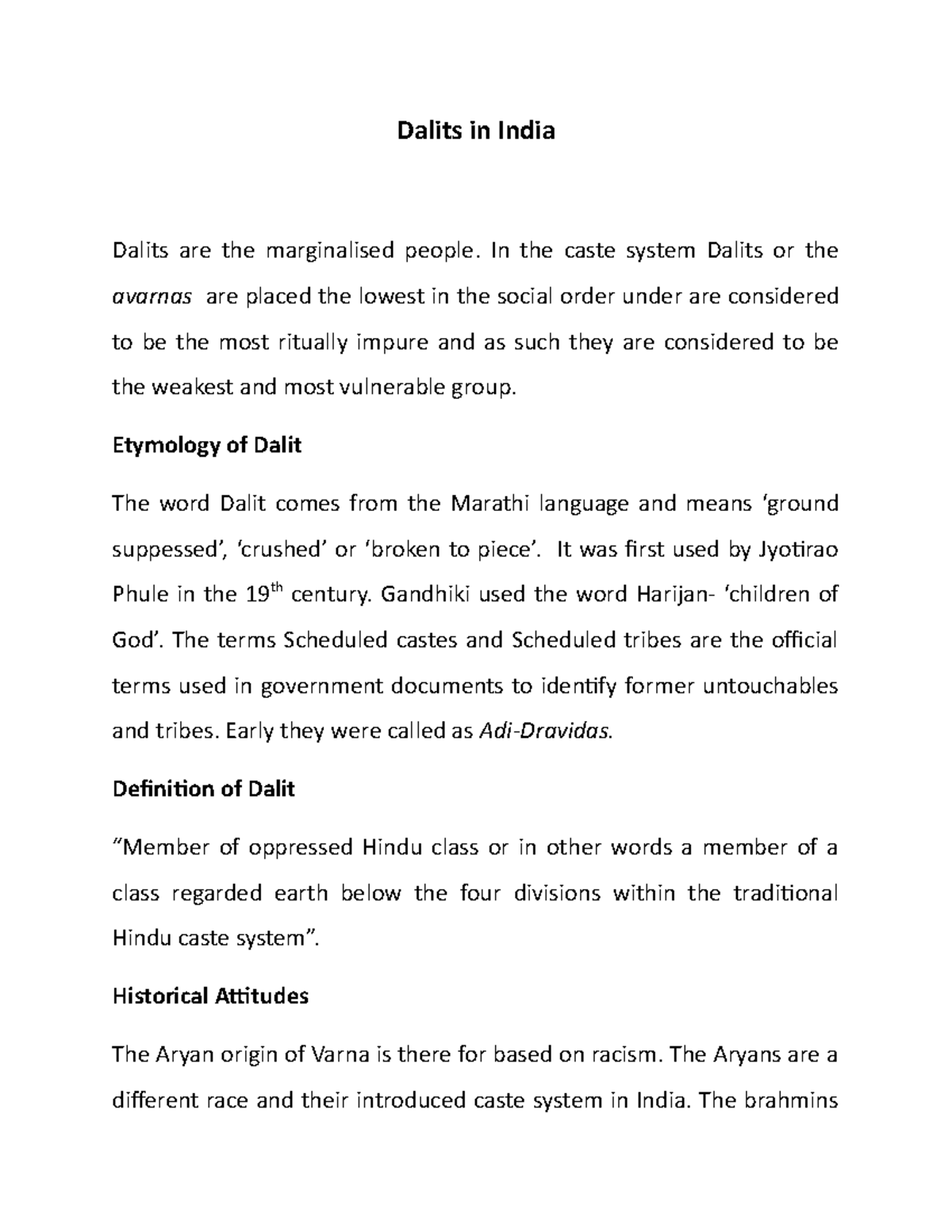 Dalits in India - Grade: A - Dalits in India Dalits are the ...