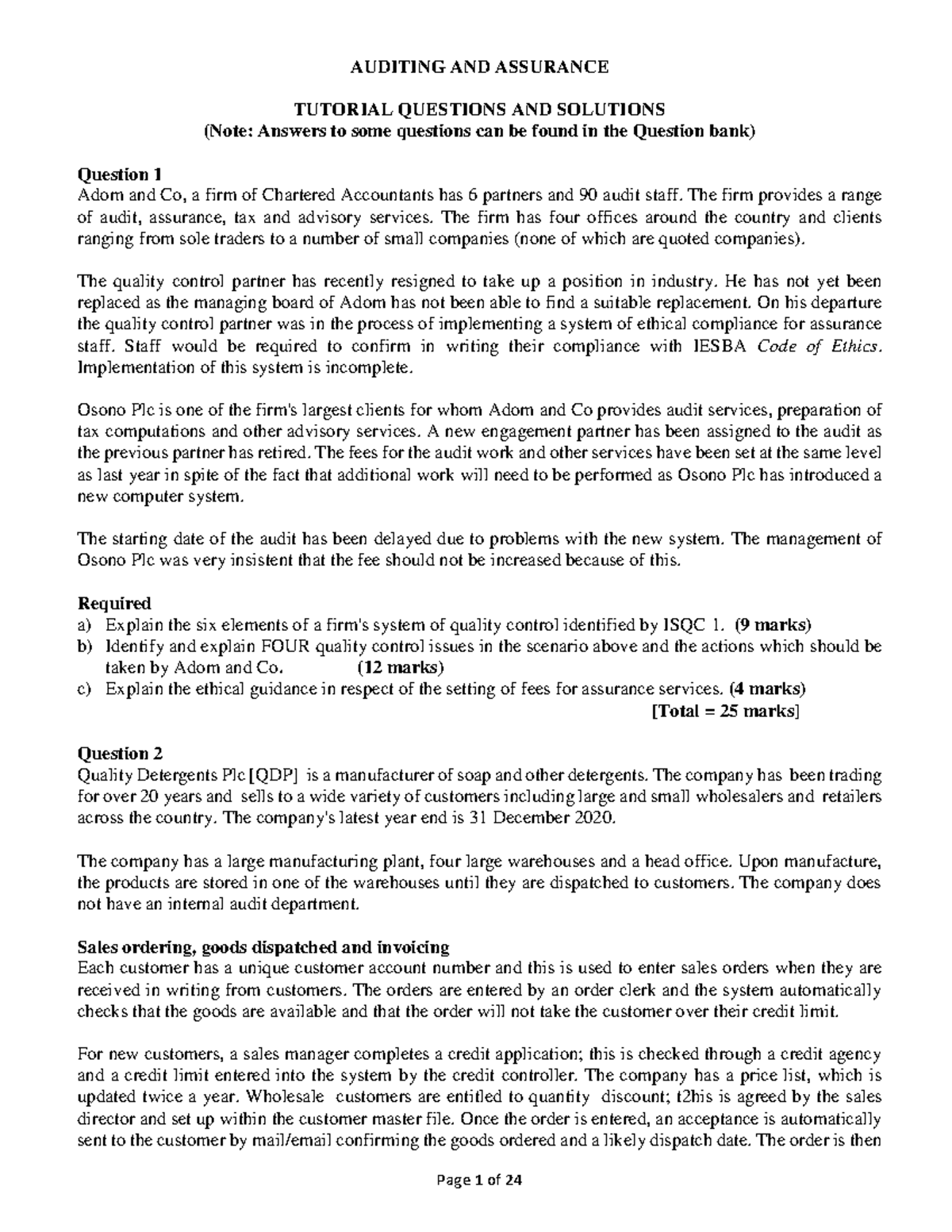 Auditing and Assurance Tutorial Questions and Solutions - AUDITING AND ASSURANCE TUTORIAL ...