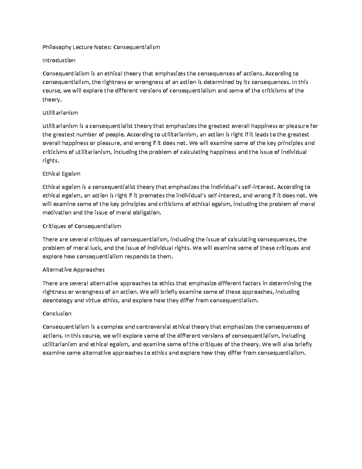 Phil notes - Philosophy Lecture Notes: Consequentialism Introduction ...