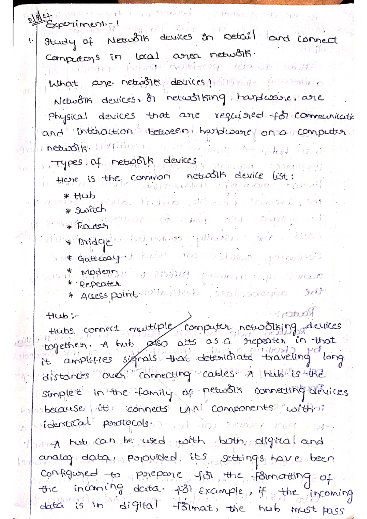 CN LAB - I need cn lab manual - Experiment: 1. Study of Network devices ...