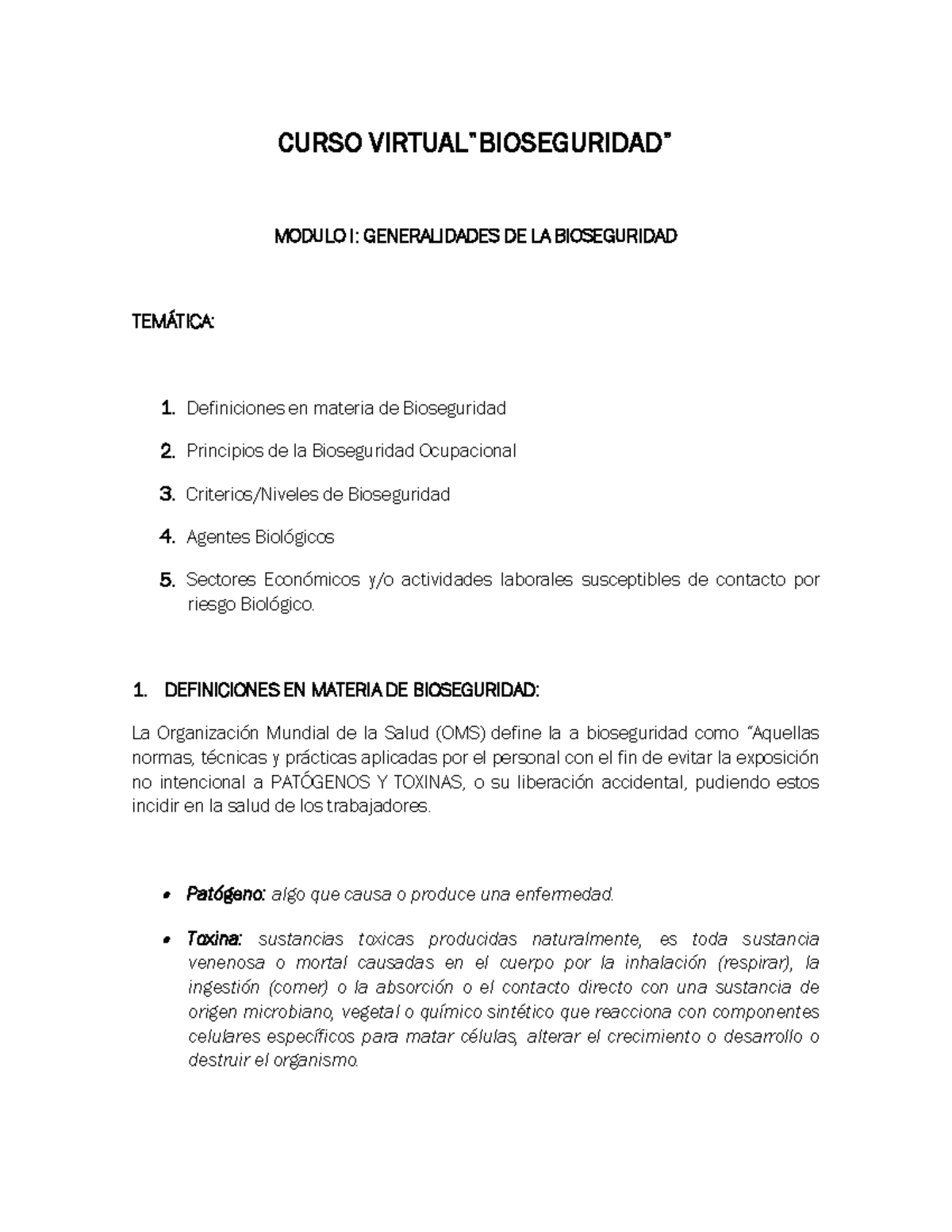 Modulo 1 Curso de Bioseguridad ICR - CURSO VIRTUAL”BIOSEGURIDAD” MODULO ...