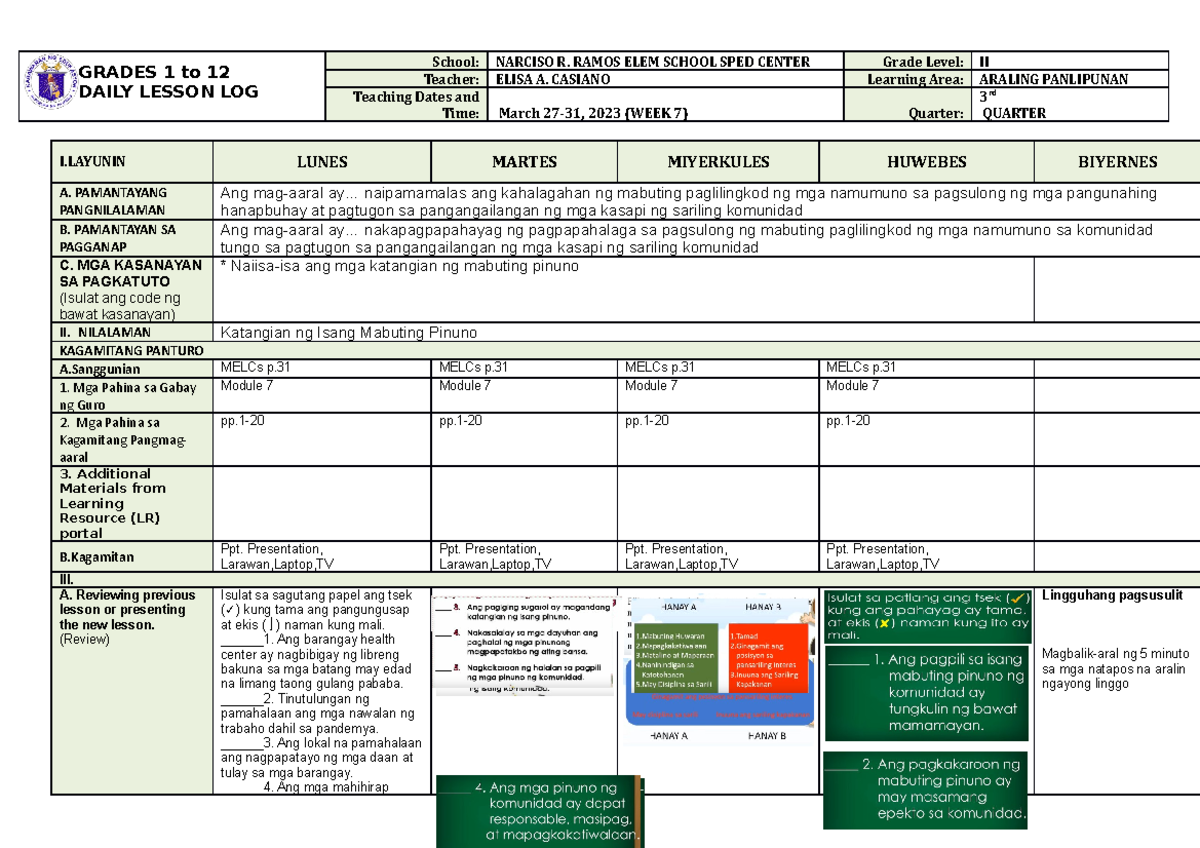 Daily Lesson Log AP - GRADES 1 to 12 DAILY LESSON LOG School: NARCISO R ...