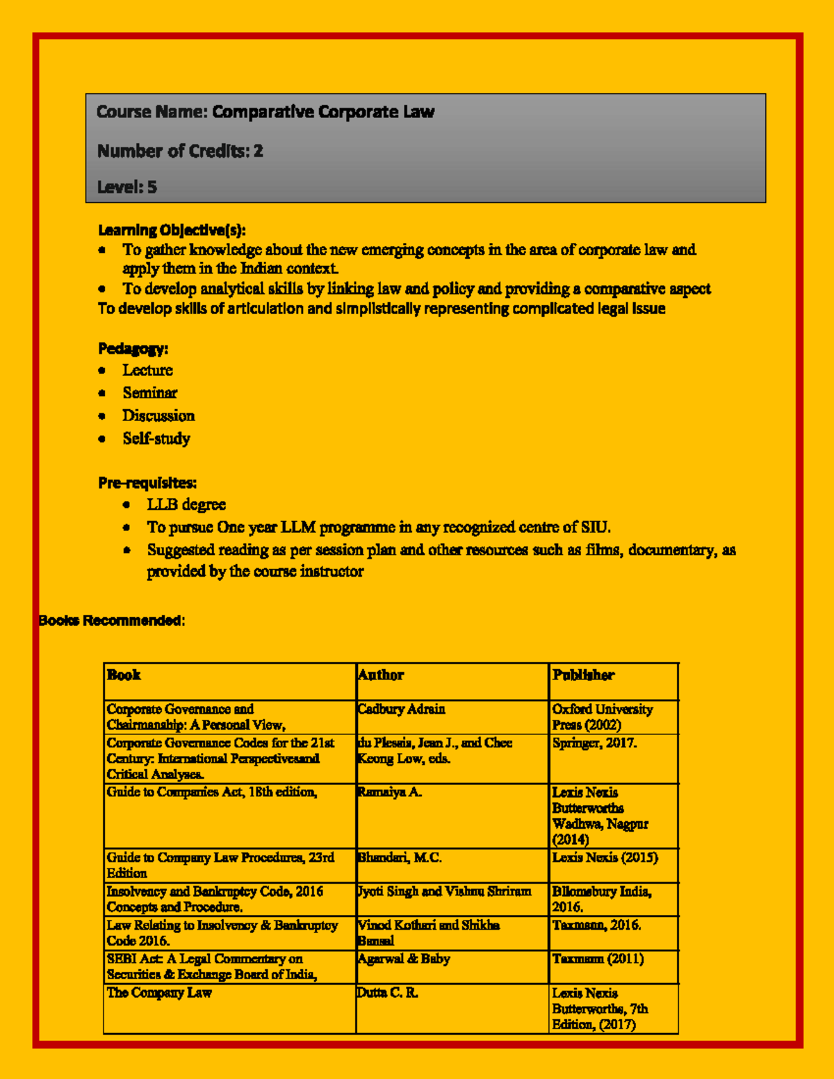 Comparative Corporate Law - To develop analytical skills linking law ...