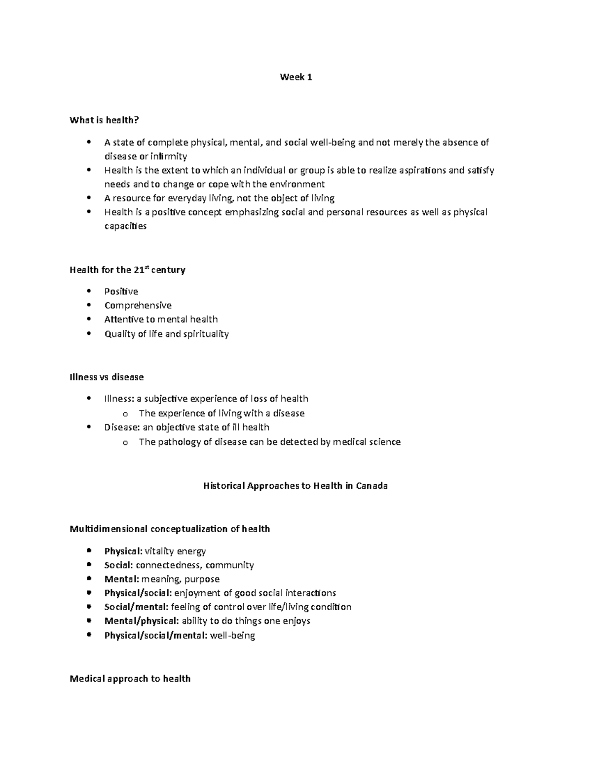 Week 1 Notes - Health promotion, SDOH - Week 1 What is health? A state ...