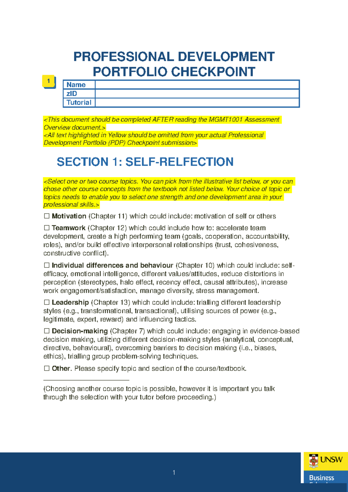 PDP Checkpoint Template (MGMT1001 2019 T3) Final - 1 PROFESSIONAL ...