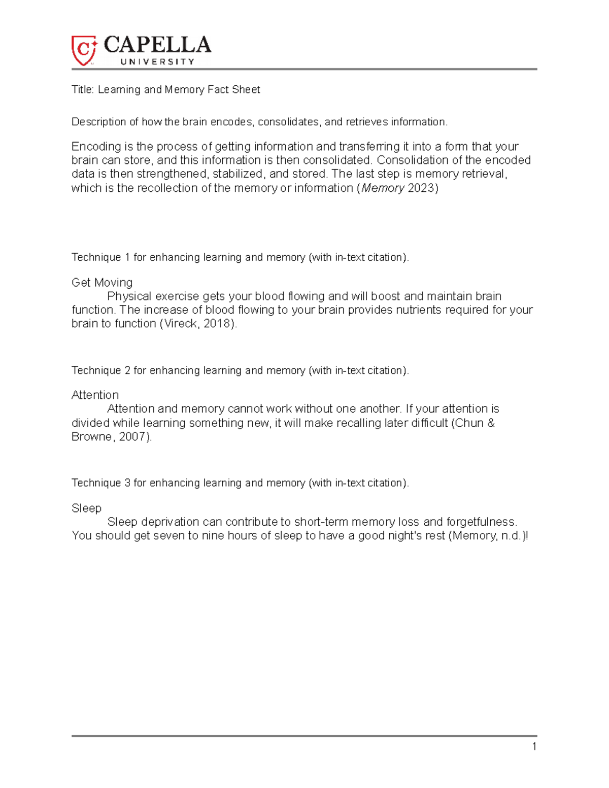 Fact sheet week9 - facts - Title: Learning and Memory Fact Sheet ...