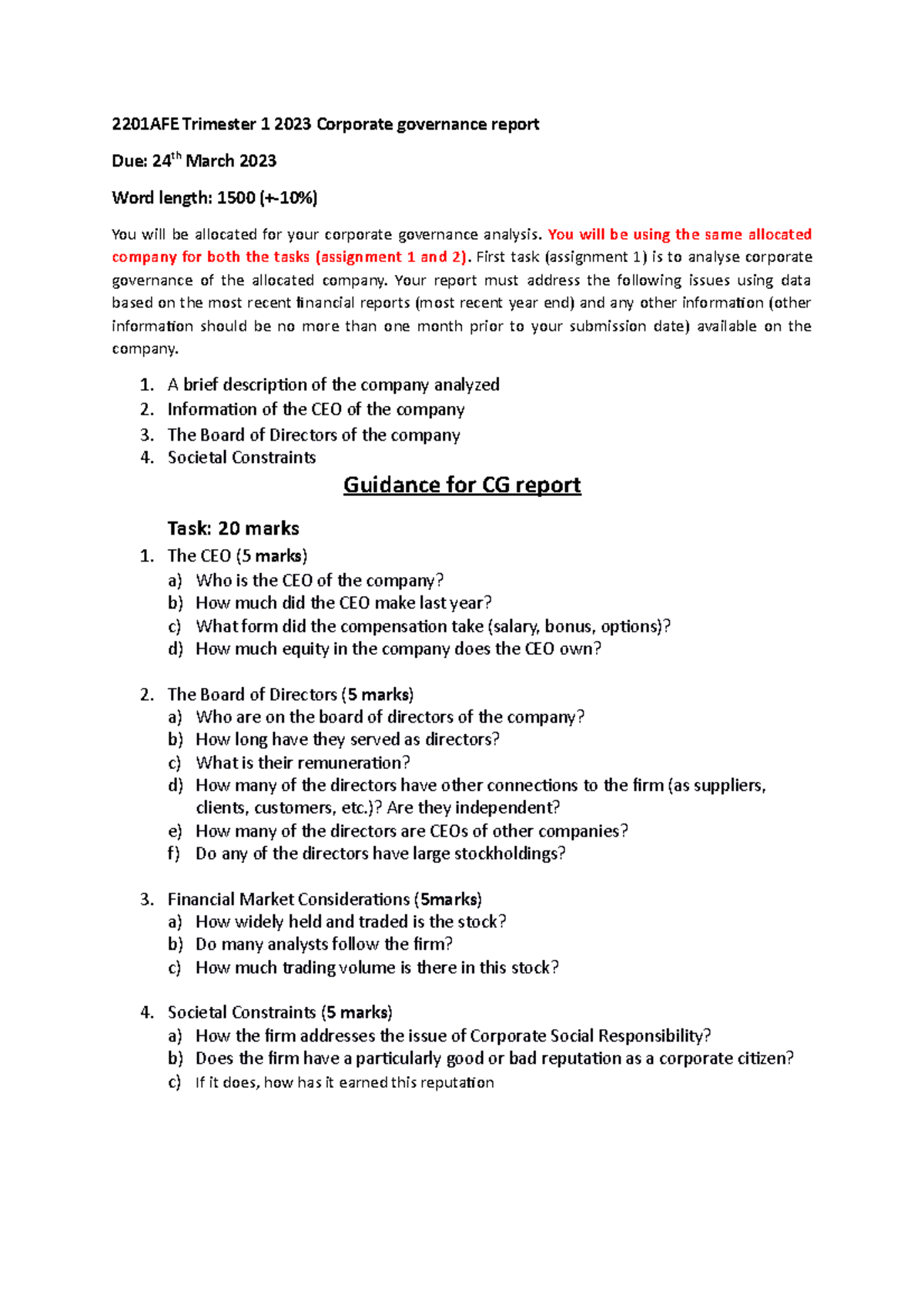 Task sheet corporate governance report - 2201AFE Trimester 1 2023 ...