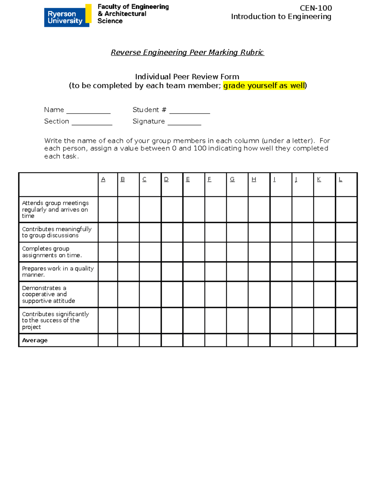 Peer Review Form - FOR Students - CEN- Introduction to Engineering ...