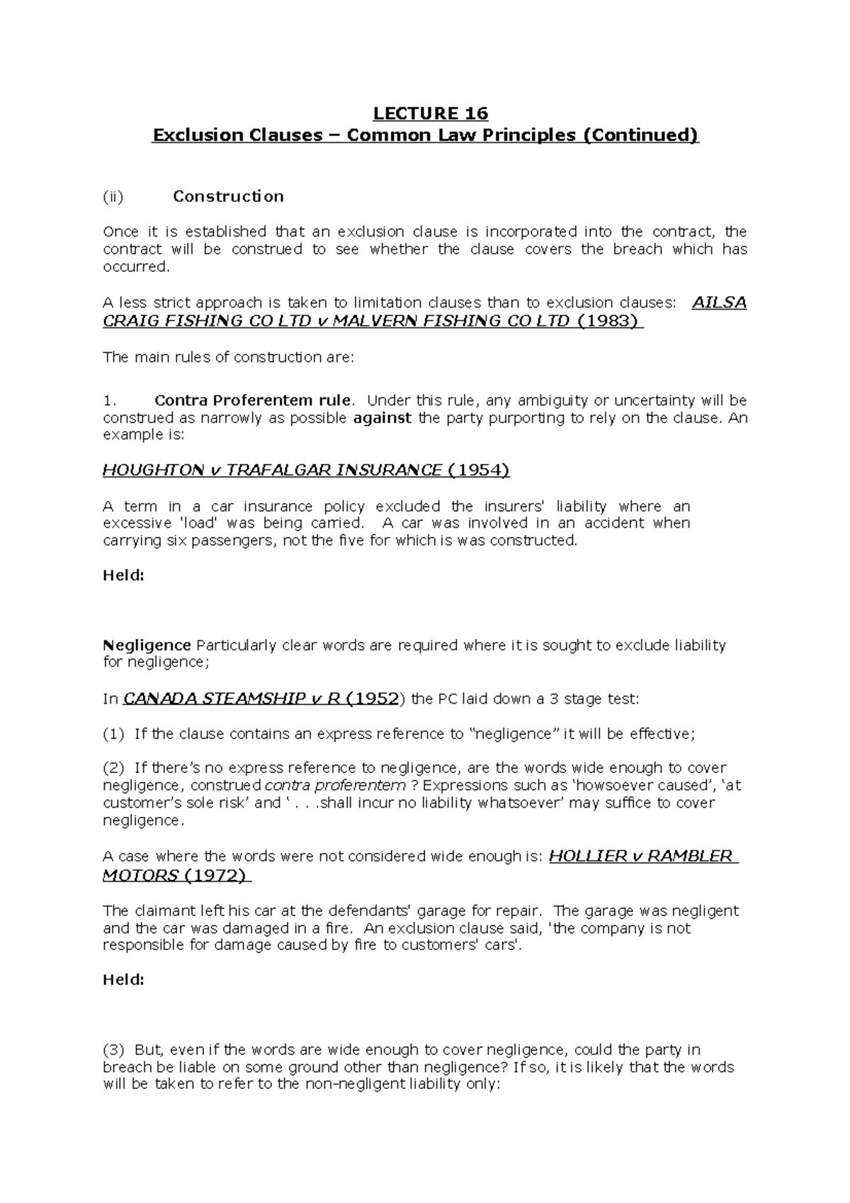 Exclusion Clauses – Common Law Principles (Continued) - LECTURE 16 ...