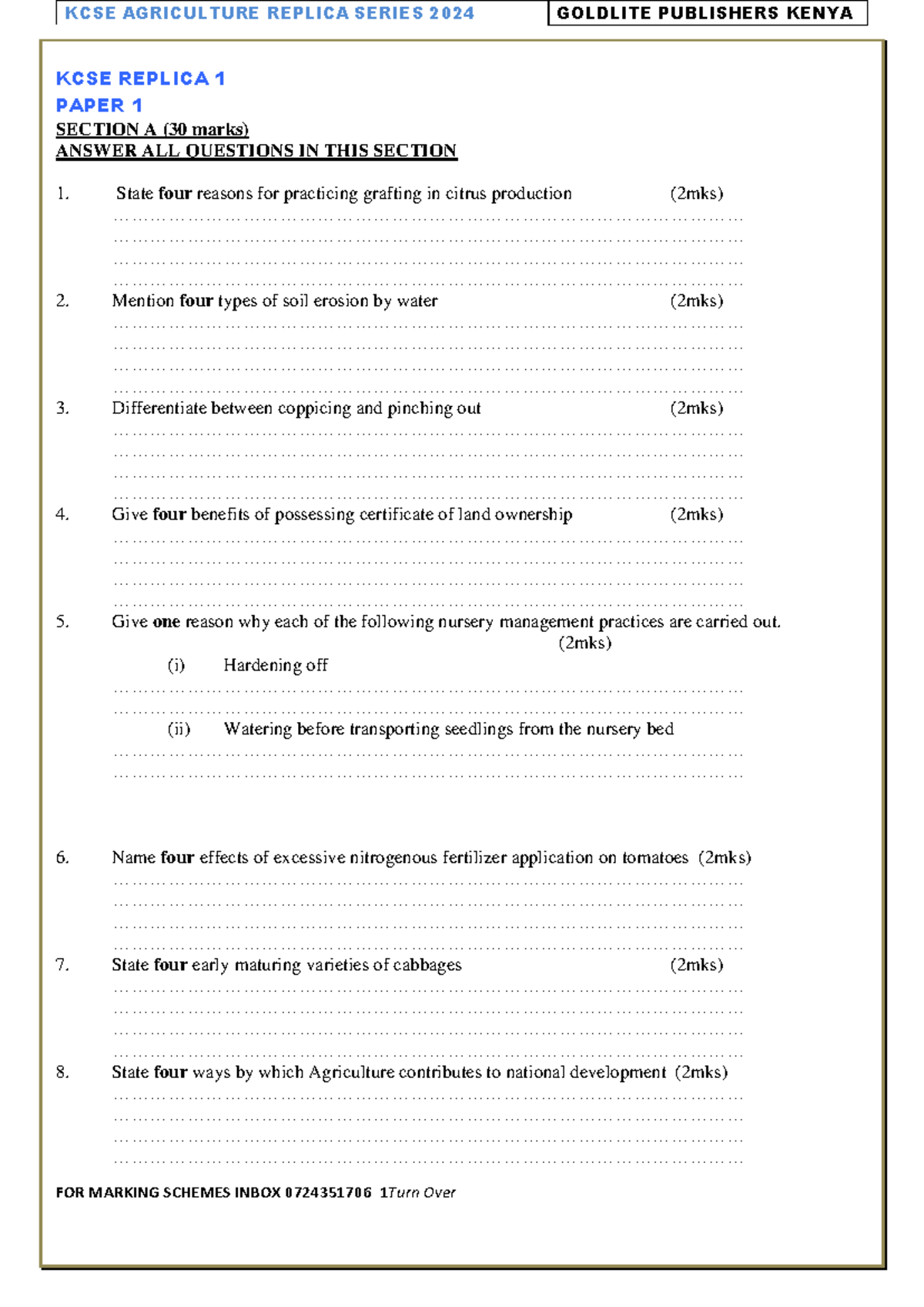 KCSE AGRI Replica 2024 - KCSE REPLICA 1 PAPER 1 SECTION A (30 marks ...