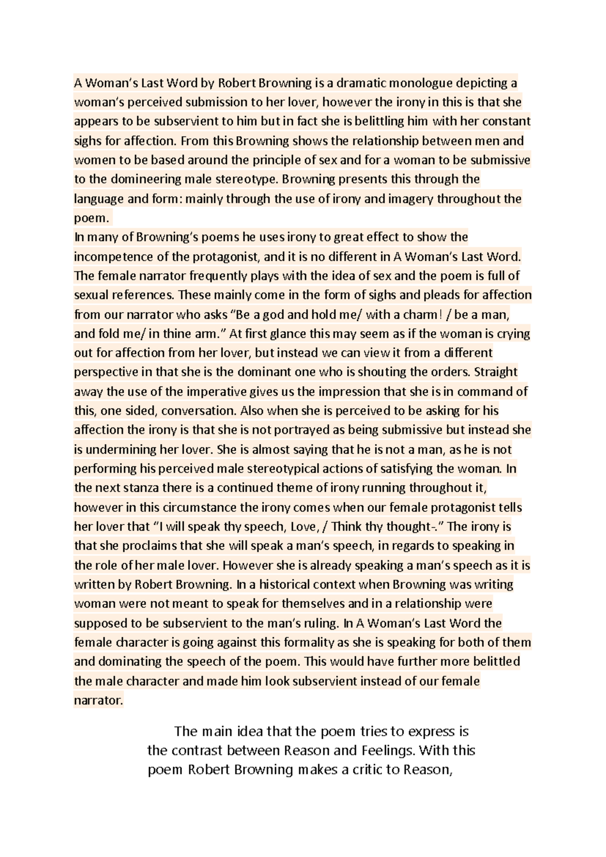 A woman - Notes - A Woman’s Last Word by Robert Browning is a dramatic ...