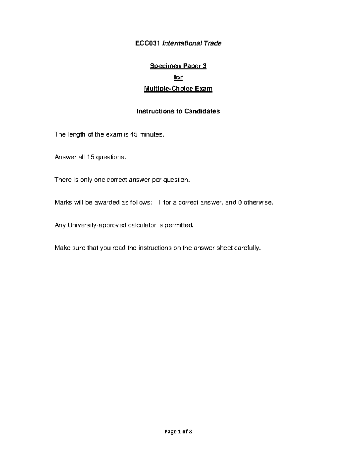 Multiple choice Exam - ECC031 International Trade Specimen Paper 3 for ...