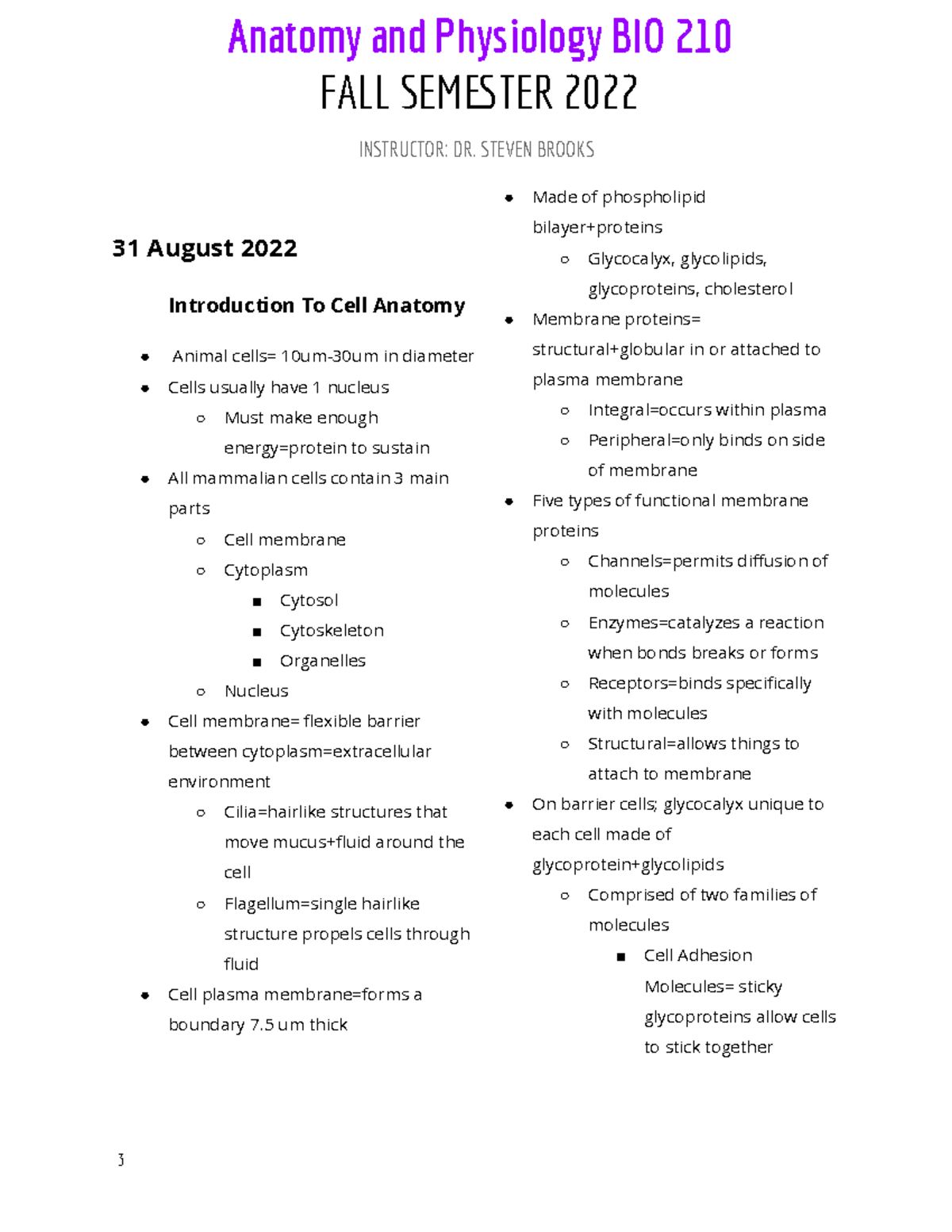 Intro To Cell Anatomy August 31st Lecture Anatomy And Physiology Bio 210 Fall Semter 2022 