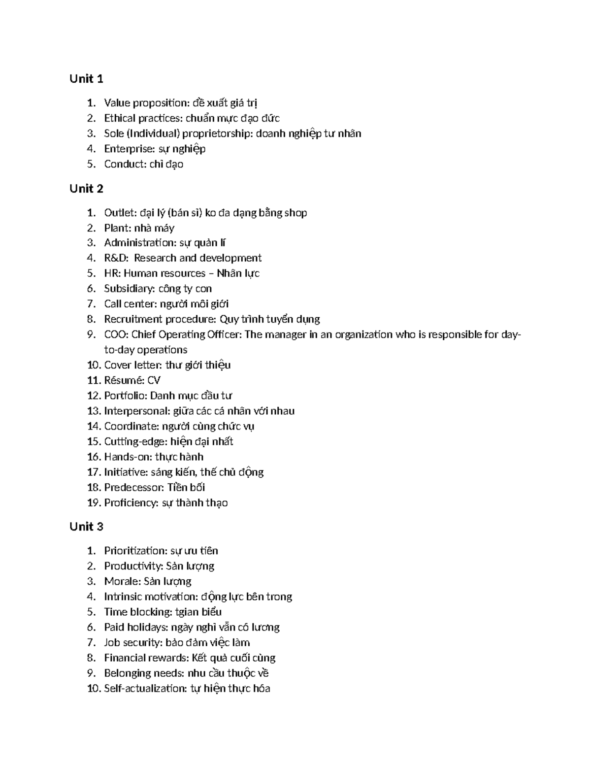 Từ vựng - Summary Tiếng Anh HP1 - Unit 1 Value proposition: đề xuất giá ...