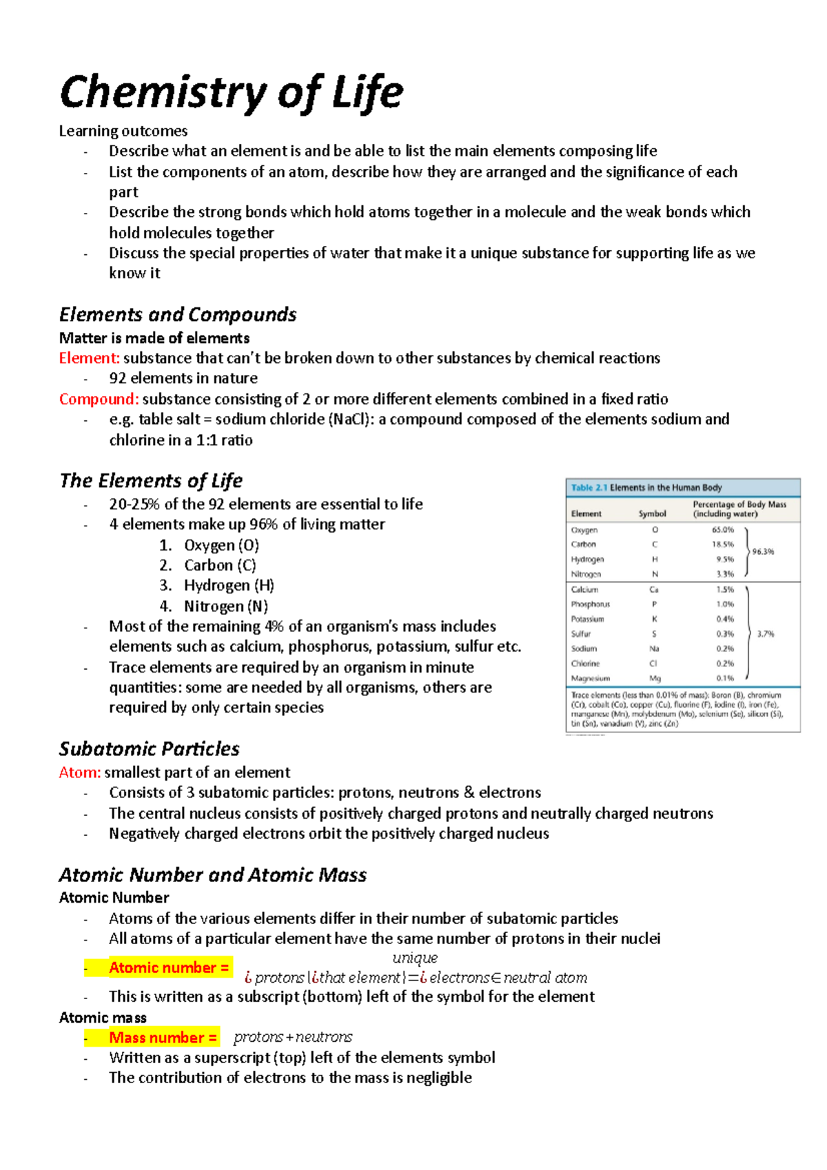 1. Chemistry of Life Summary - Chemistry of Life Learning outcomes ...