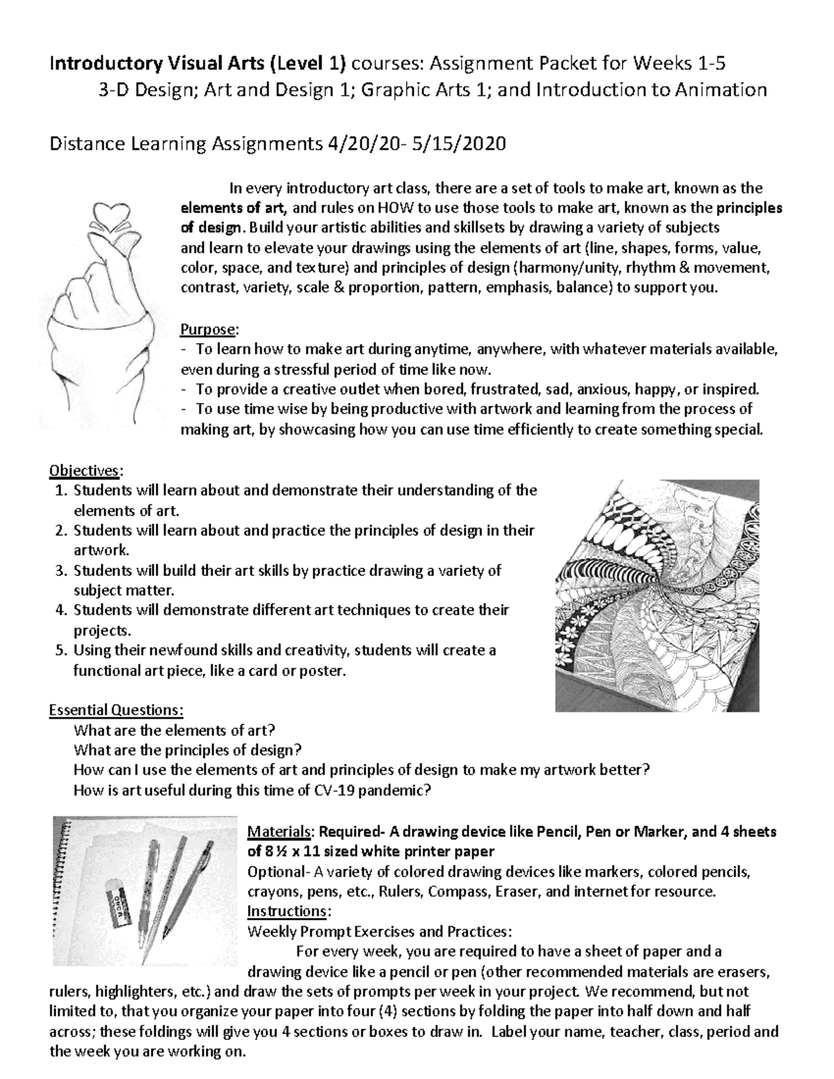 Art Level 1Weeks 1through 5-Distance Learning Assignment - Introductory ...