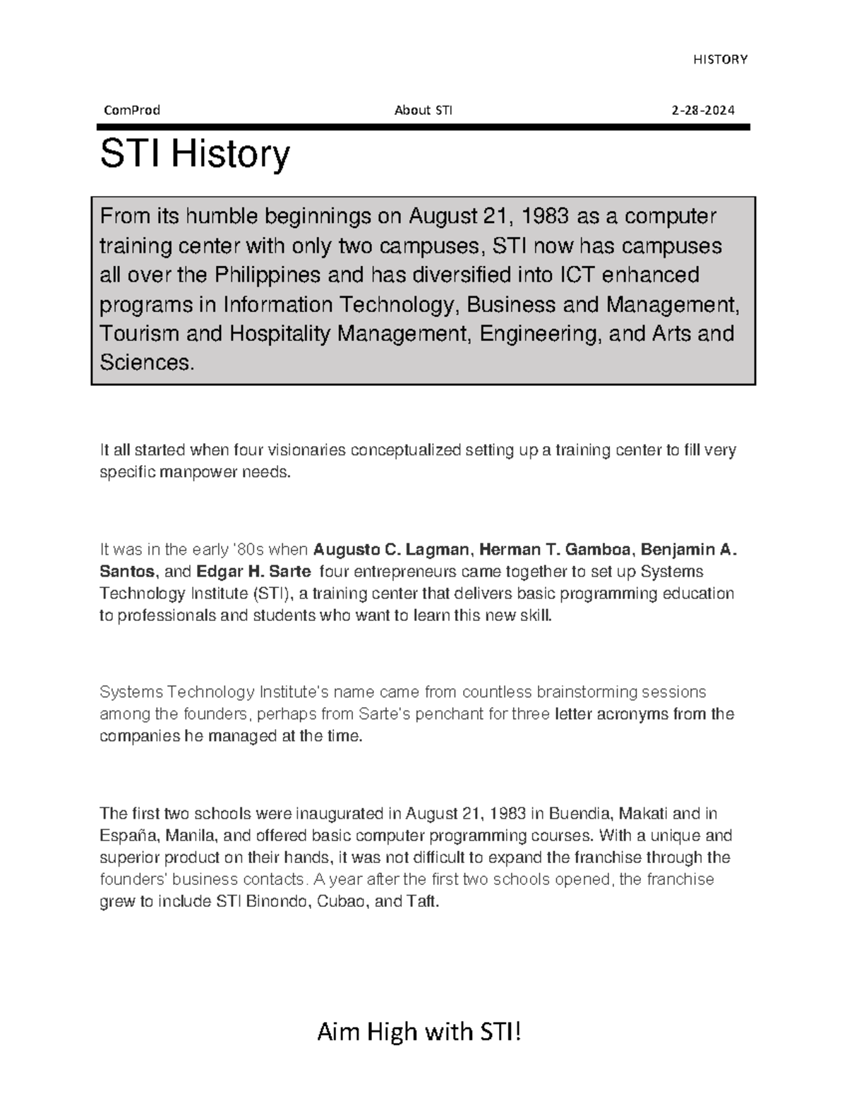 1LE computer productivity tools - HISTORY Aim High with STI! ComProd ...