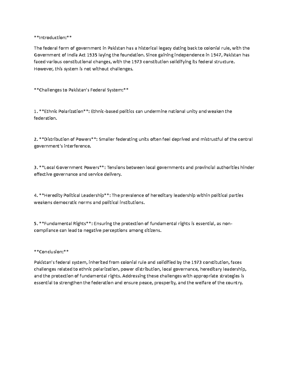 Challenges to Pakistan’s federation - **Introduction:**The federal form ...