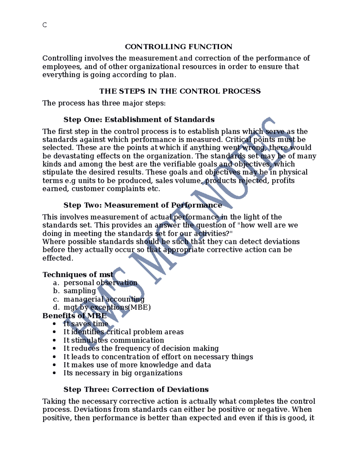 A Control AS A Function Edited - CONTROLLING FUNCTION Controlling involves the measurement and ...