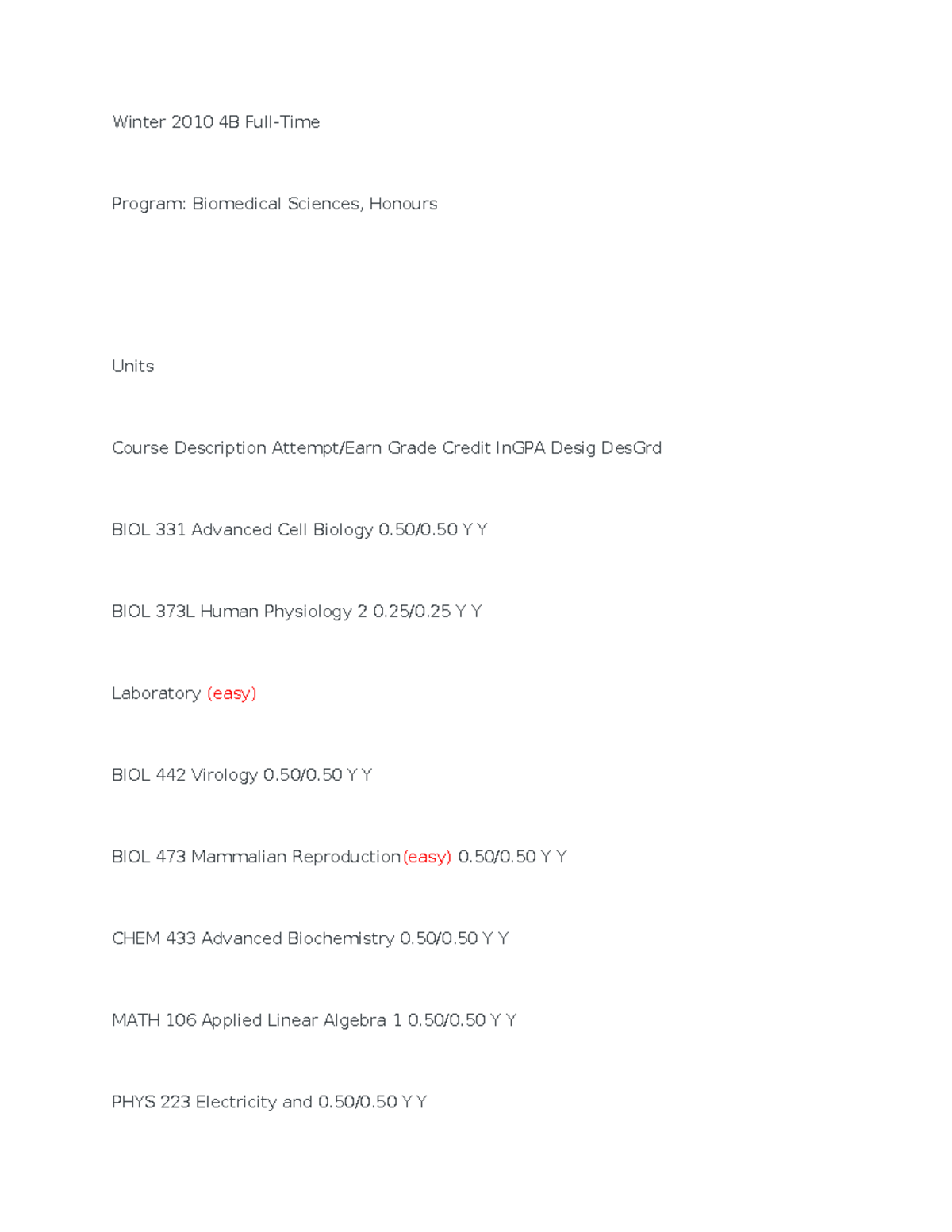 Random Science Transcript - Winter 2010 4B Full-Time Program ...